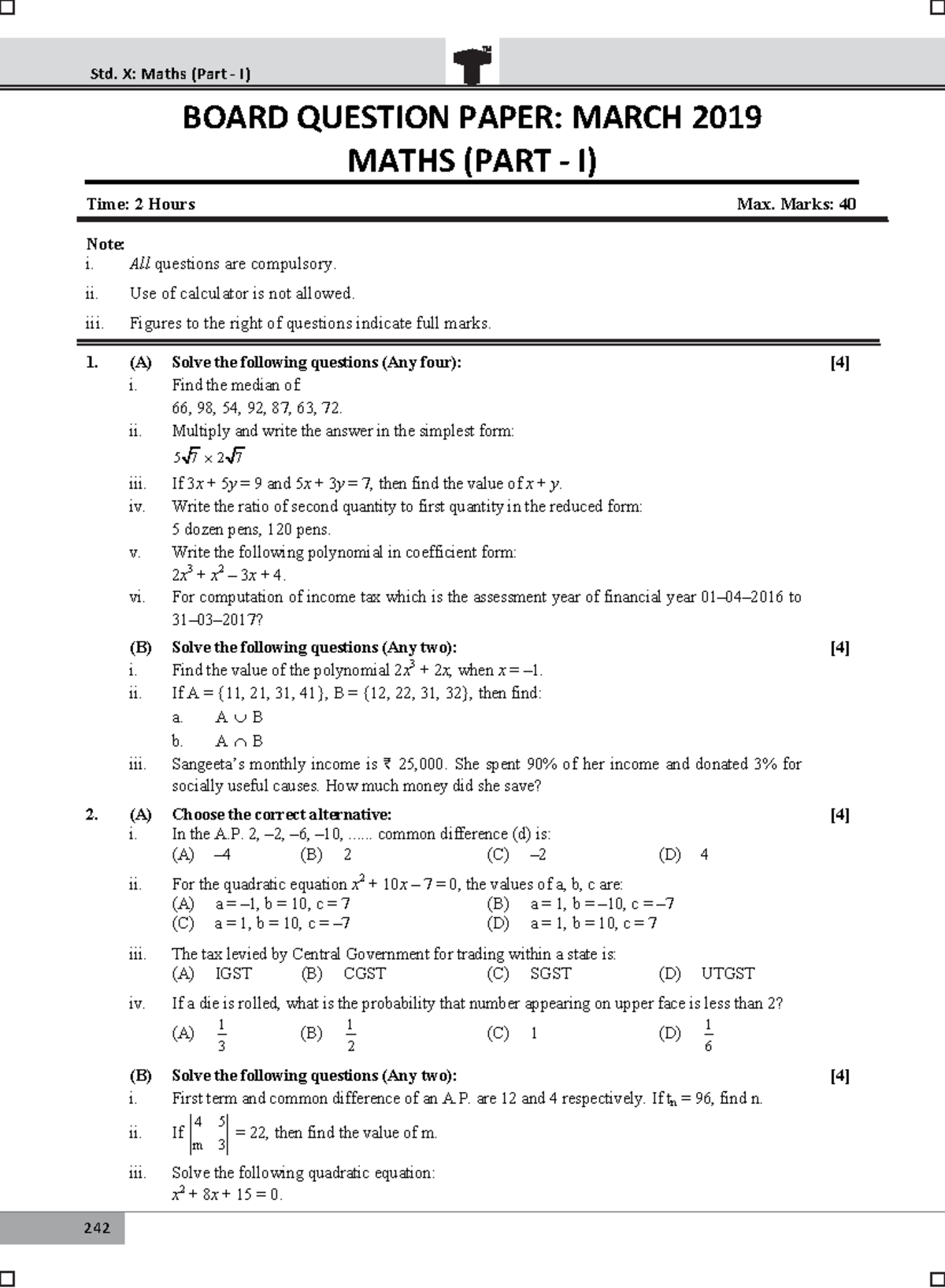 Mathematics Paper I Question Paper Maharashtra SSC Class 10 Board Exam March 2019 - 242 Std. X ...