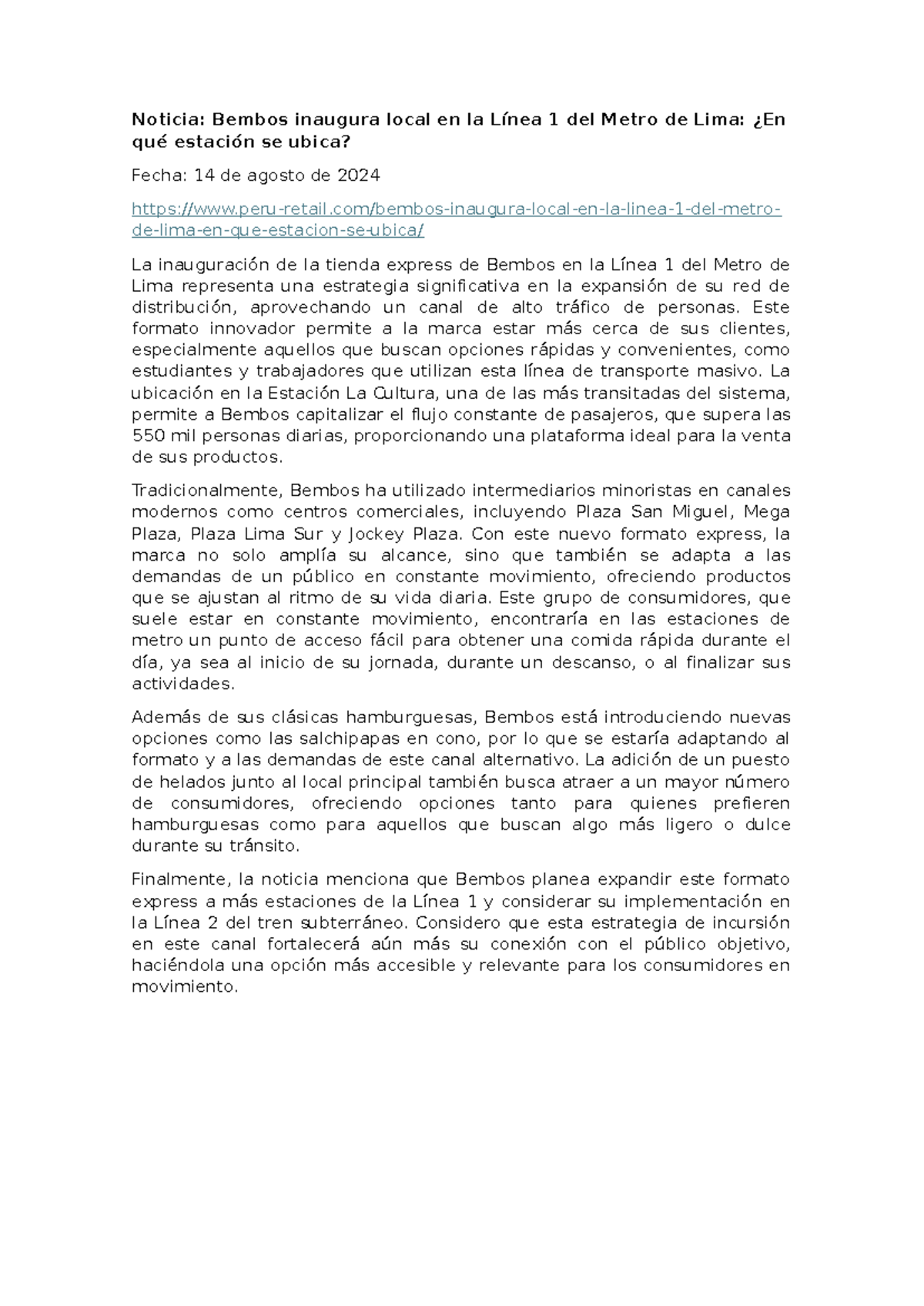 Noticia punto de vista S3 - Noticia: Bembos inaugura local en la Línea ...