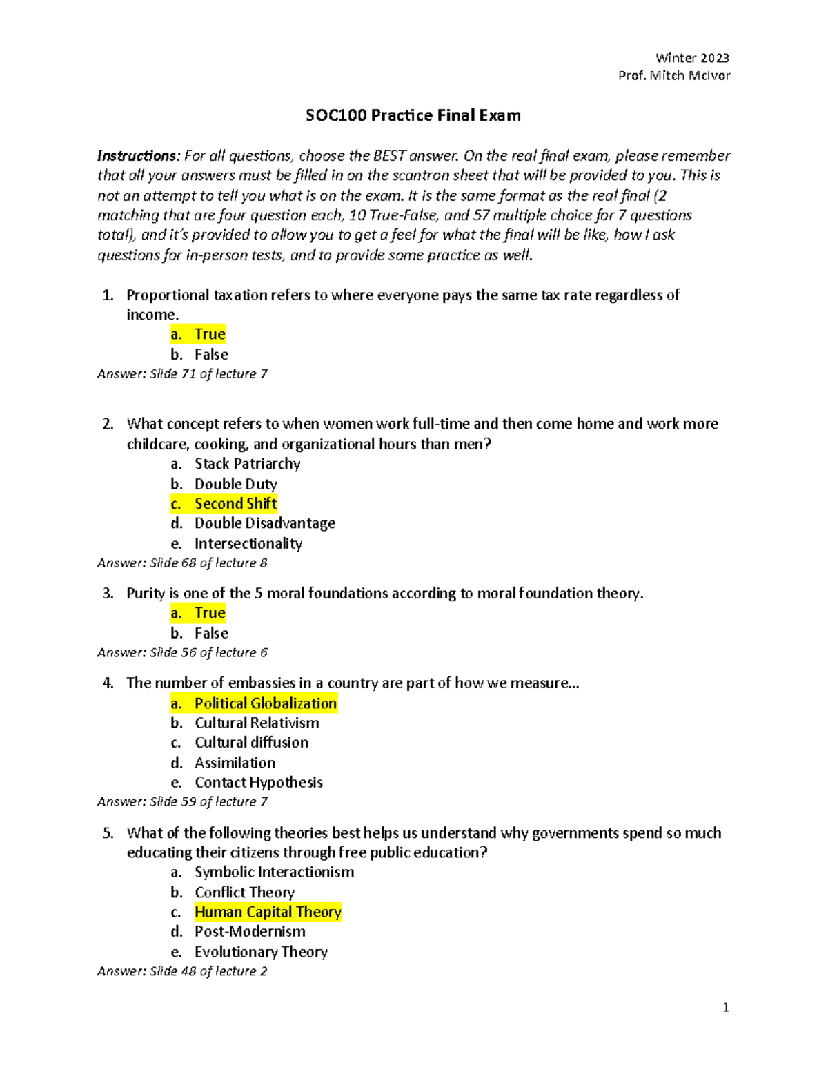 Practice Final Exam Answer Key- SOC100- Winter'23- Mc Ivor - Winter ...