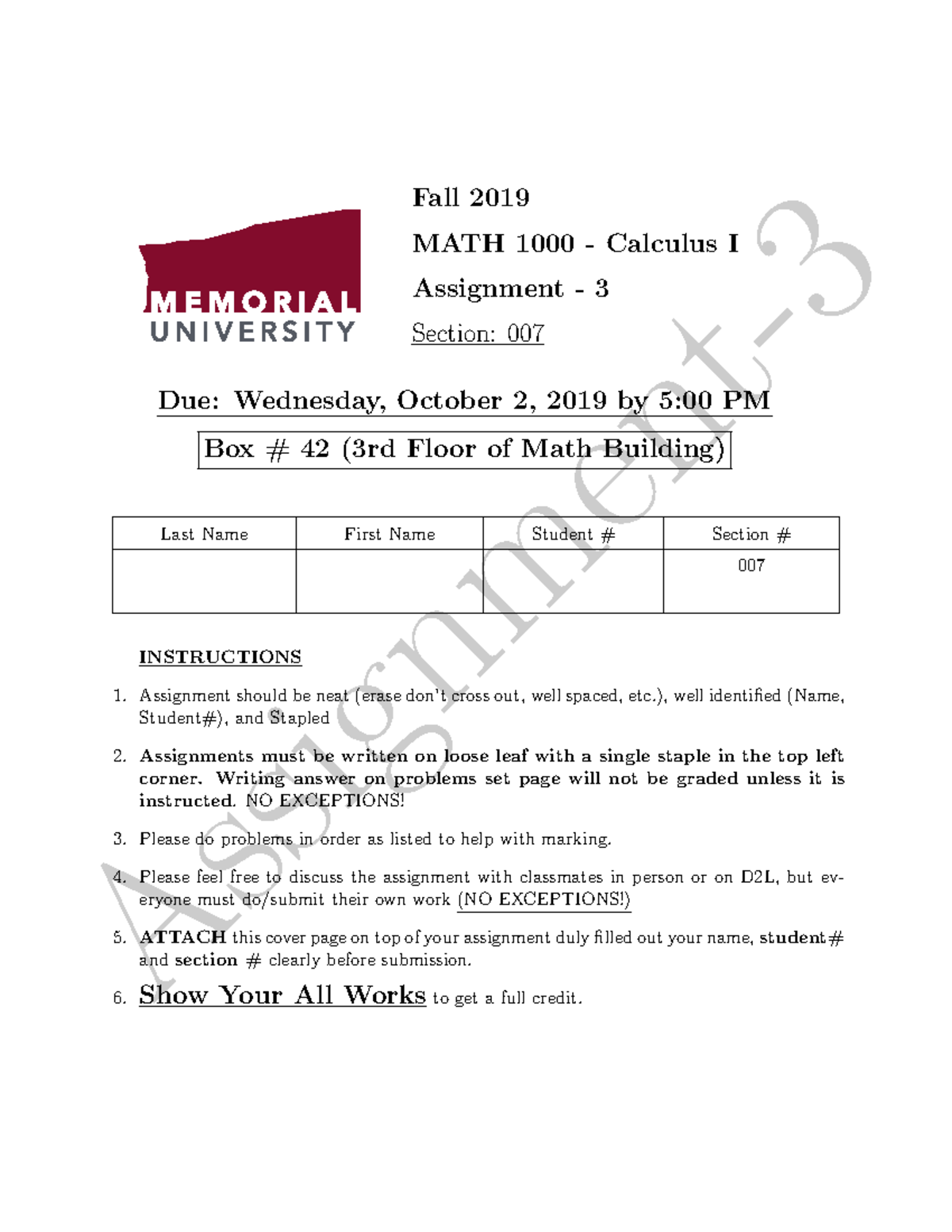 MATH 1000-Assignment-3 - Assignment- Fall 2019 MATH 1000 - Calculus I ...