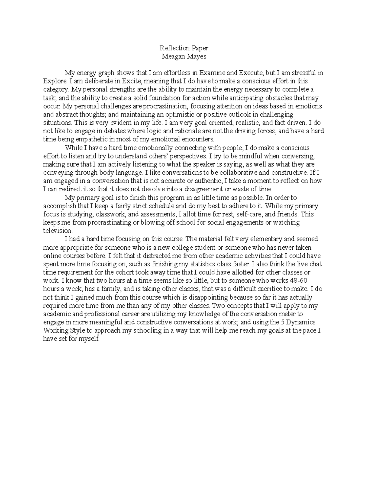 C820 Task 3 Reflection Paper - Reflection Paper Meagan Mayes My energy graph shows that I am ...