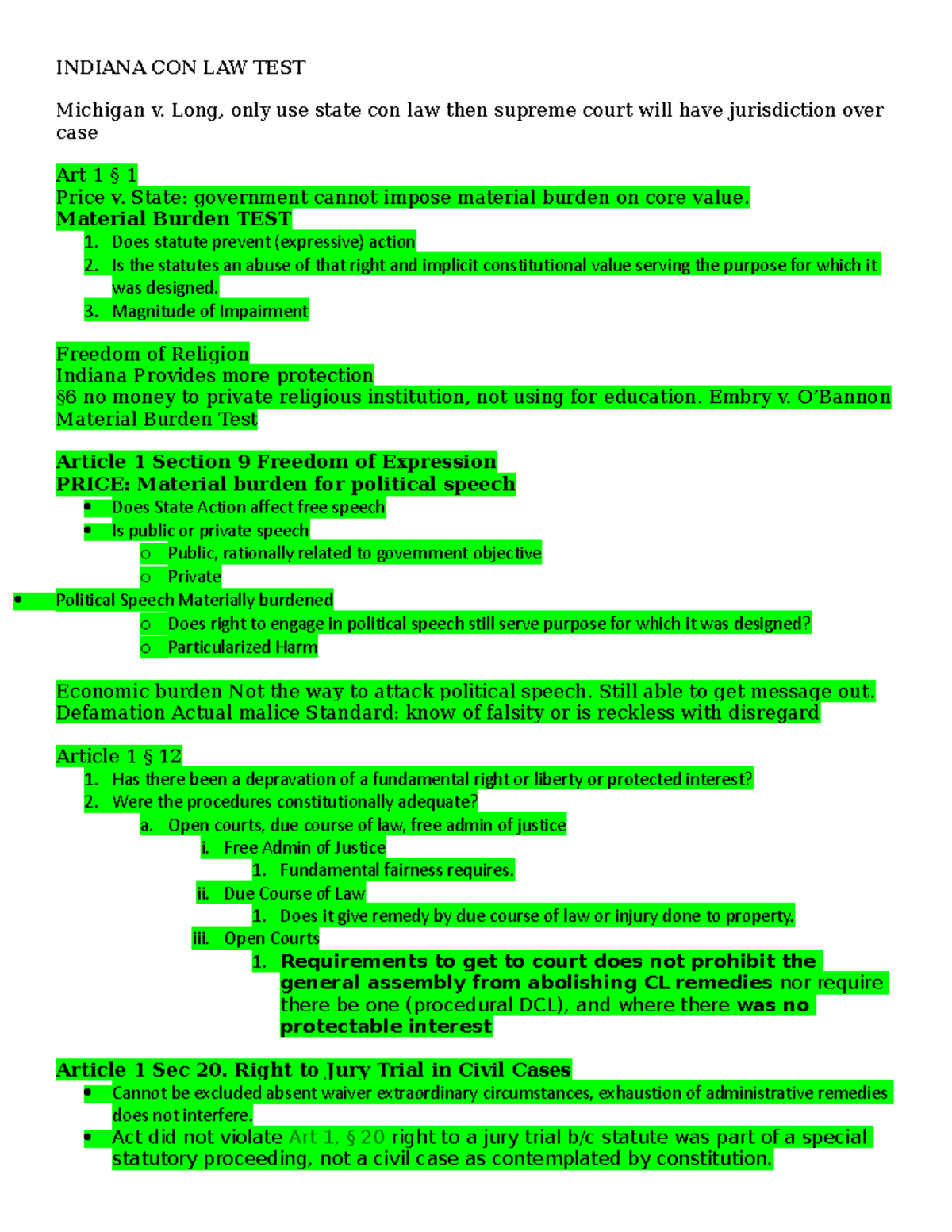 Indiana CON LAW Study aid - INDIANA CON LAW TEST Michigan v. Long, only ...