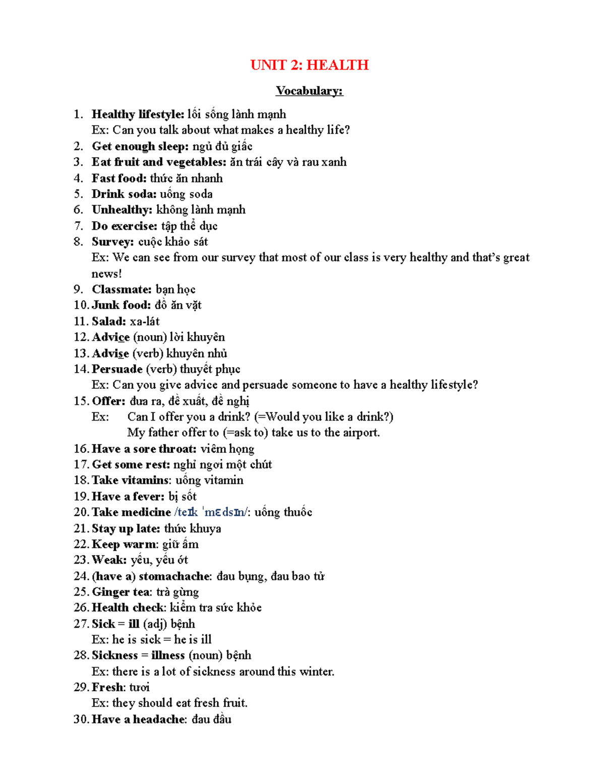 Unit 2 health - English I learn smart world 7 - UNIT 2: HEALTH Vocabulary: Healthy lifestyle ...