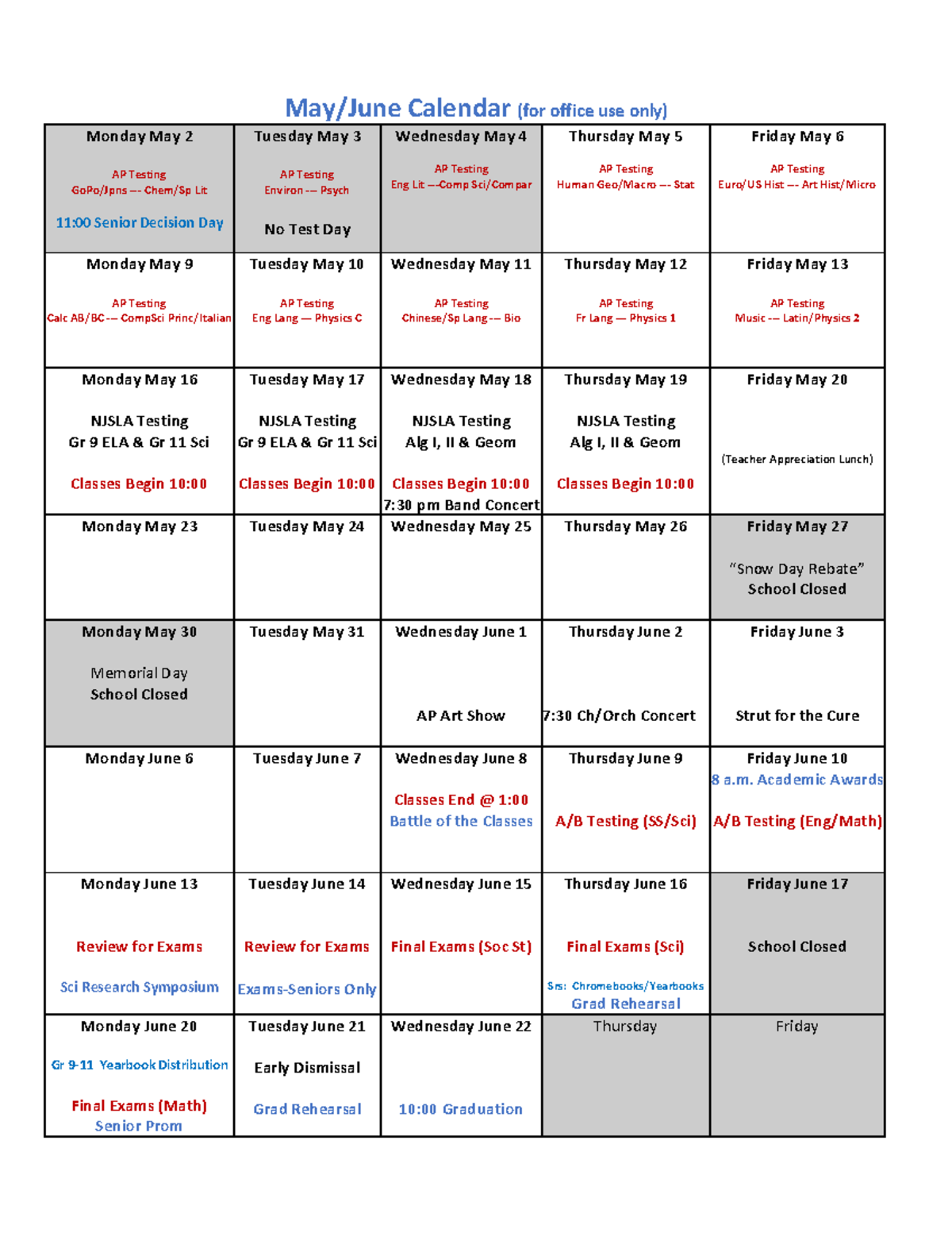 jasnfjknasjknfkjnsajkn - May/June Calendar (for office use only) Monday ...