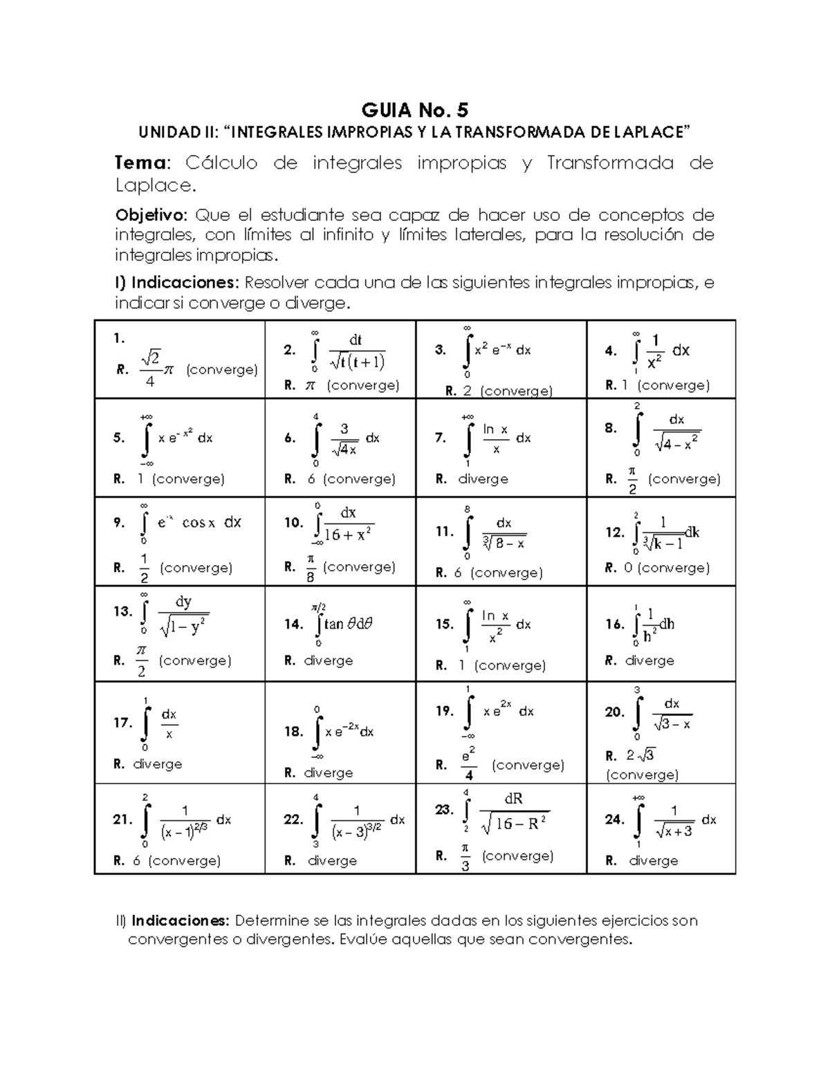 GUIA No - 5 UNIDAD II: “INTEGRALES IMPROPIAS Y LA TRANSFORMADA DE LAPLACE” Tema: Cálculo de ...