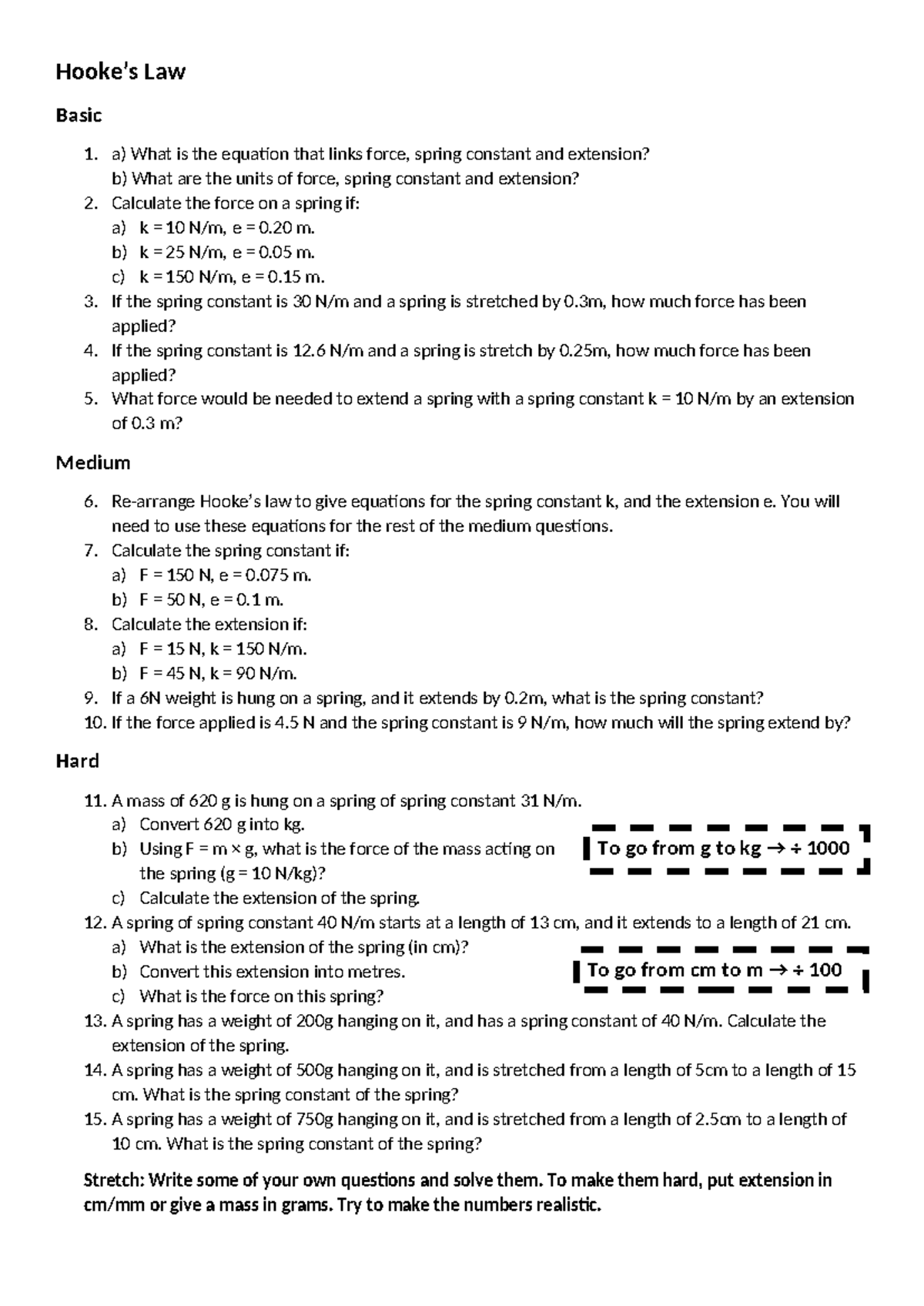 Hookes-law-worksheet - Hooke’s Law Basic 1. a) What is the equation ...