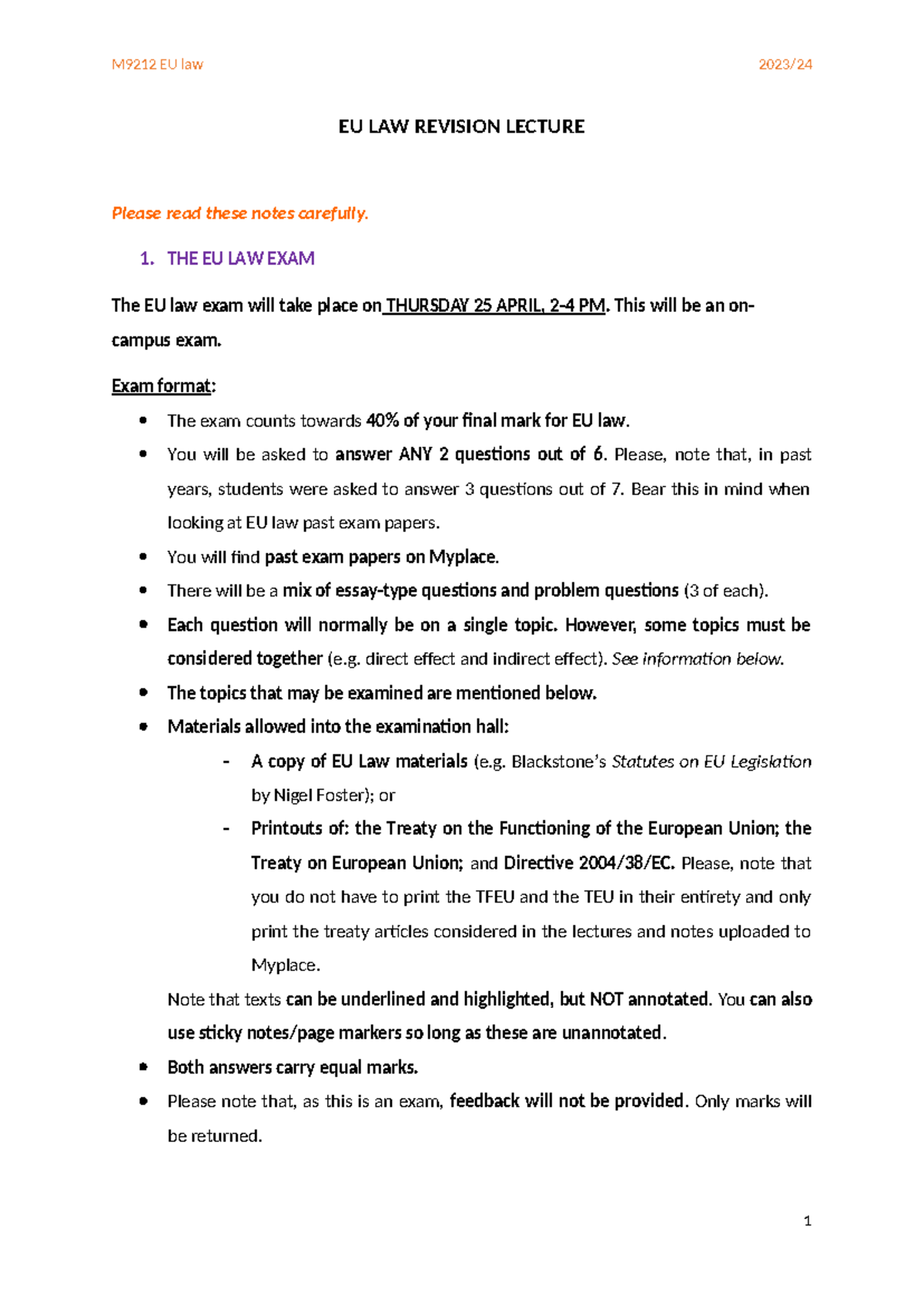 Eu Law Revision Lecture 2023 24 Eu Law Revision Lecture Please Read These Notes Carefully The