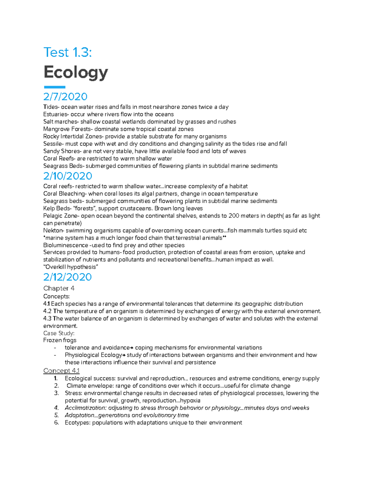 Ecology Test 1.4 - Test 1: Ecology 2/7/ Tides- ocean water rises and ...