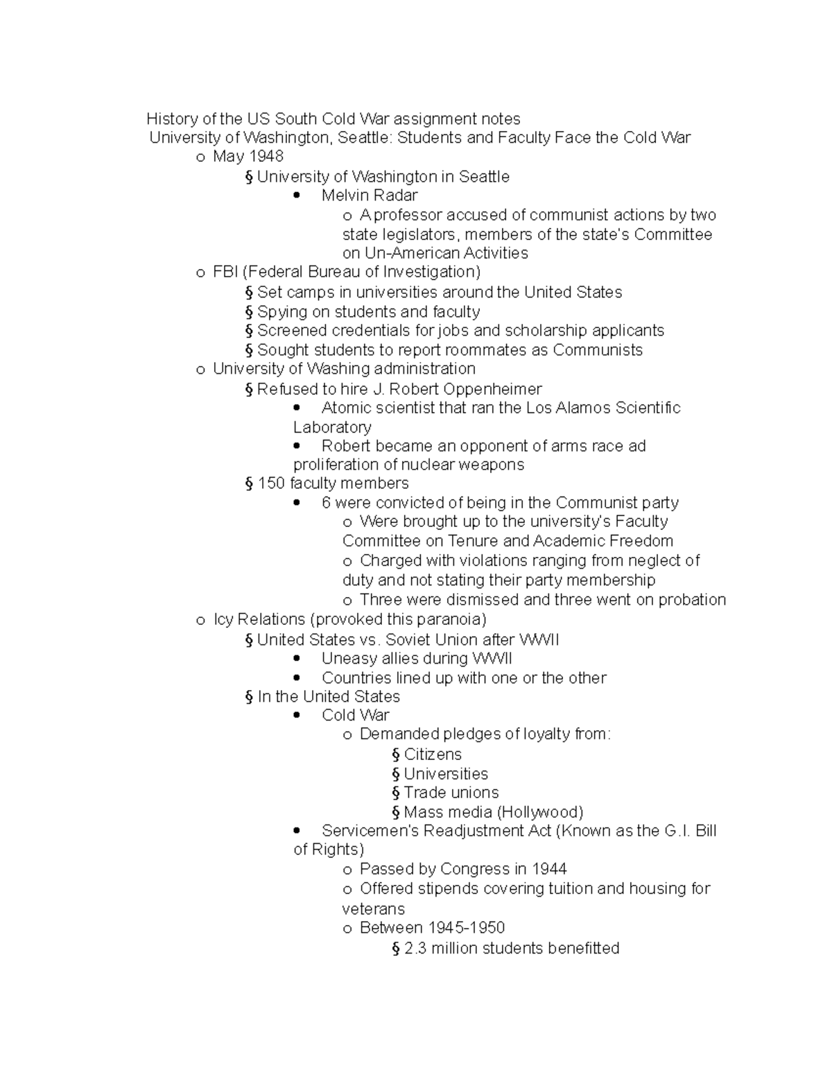 History of the US South Cold War assignment notes - History of the US ...