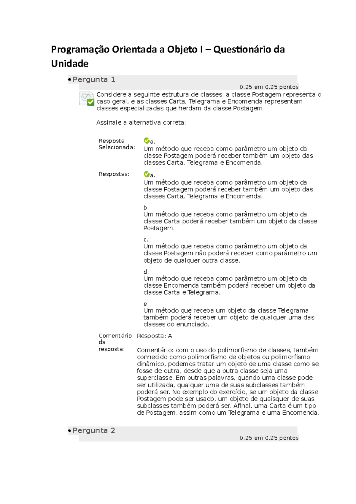 Programação Orientada A Objeto Geral Questionario Da Unidade Programação Orientada A Objeto 