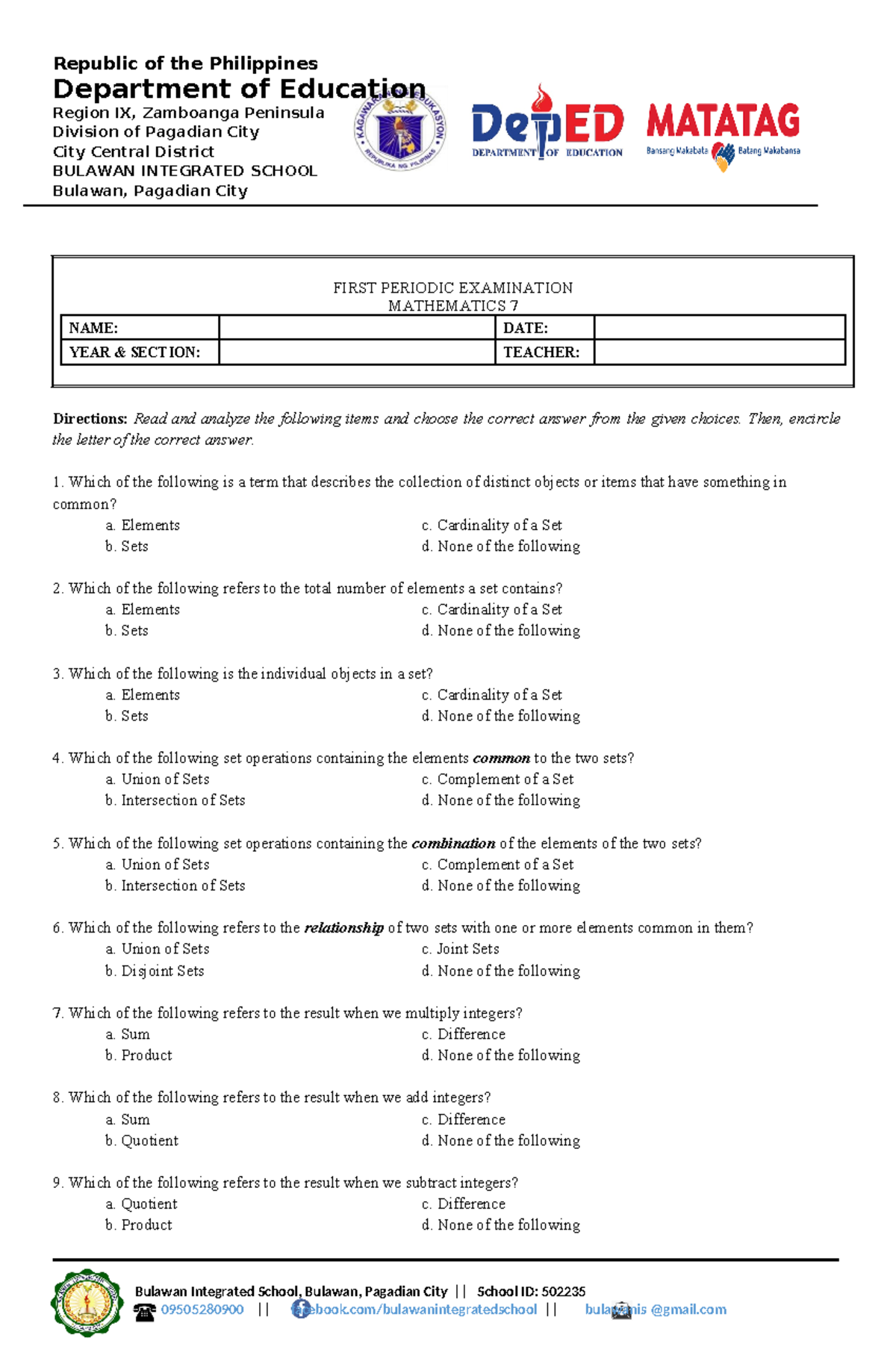1st-P - EXAM - Department of Education Region IX, Zamboanga Peninsula ...