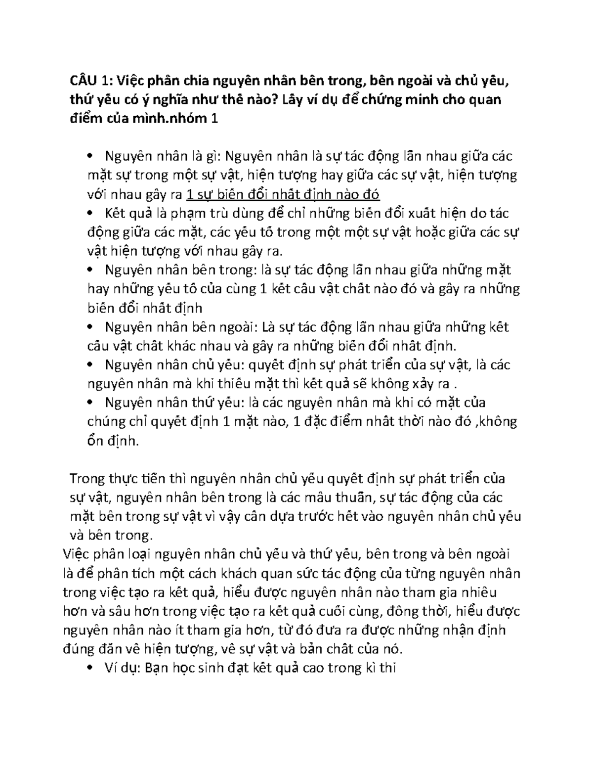 Triết-học - Hdjd dndjdn - CÂU 1: Vi c phân chia nguyên nhân bên trong ...