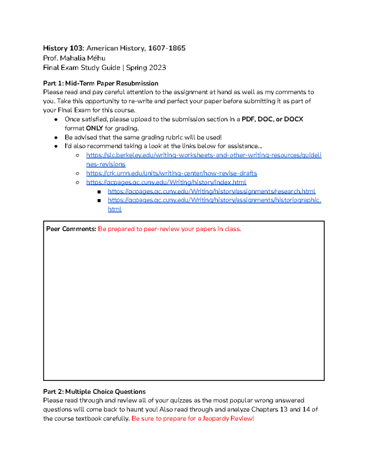 S'23 Study Guide (Final Exam) - History 103: American History, 1607 ...