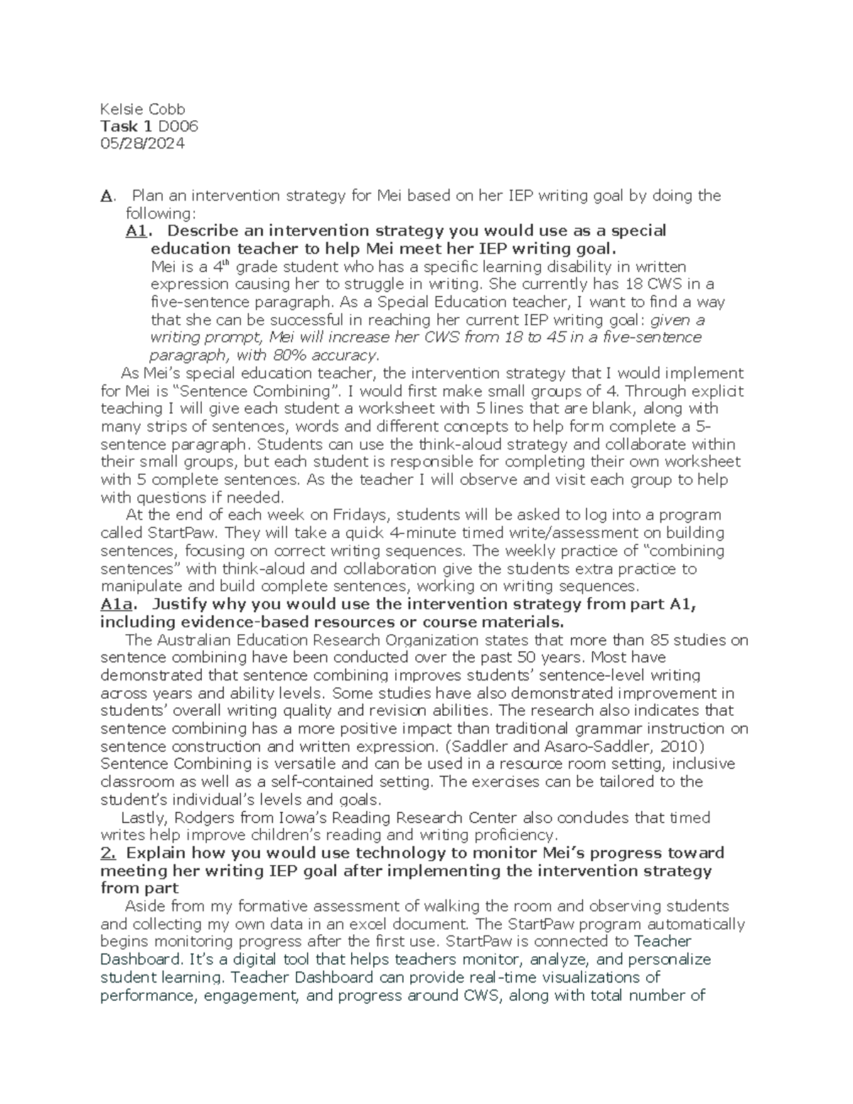 Task ONE D006 final - Kelsie Cobb Task 1 D 05/28/ A. Plan an ...