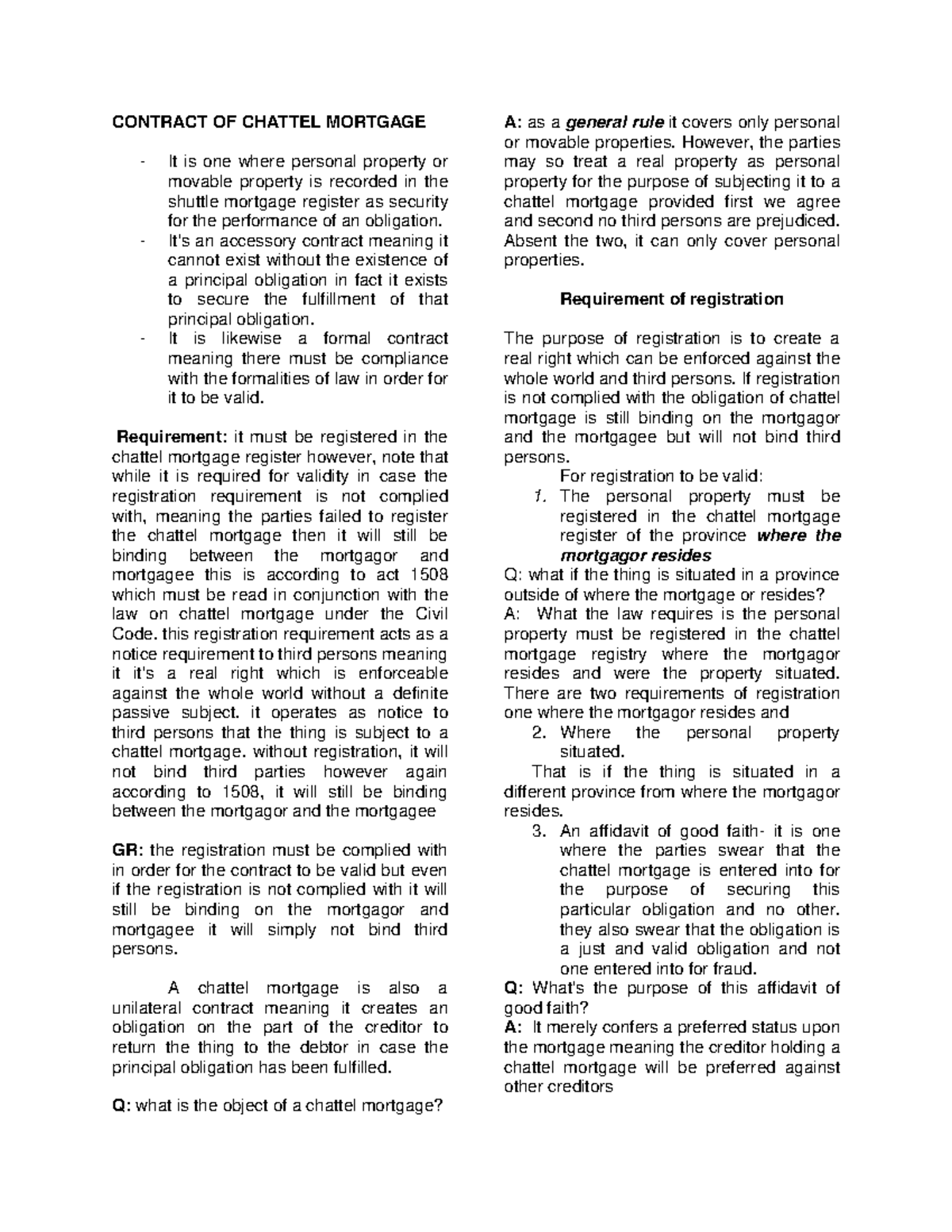 Security Transactions Chattel Mortgage - Sales - UPHSD - Studocu