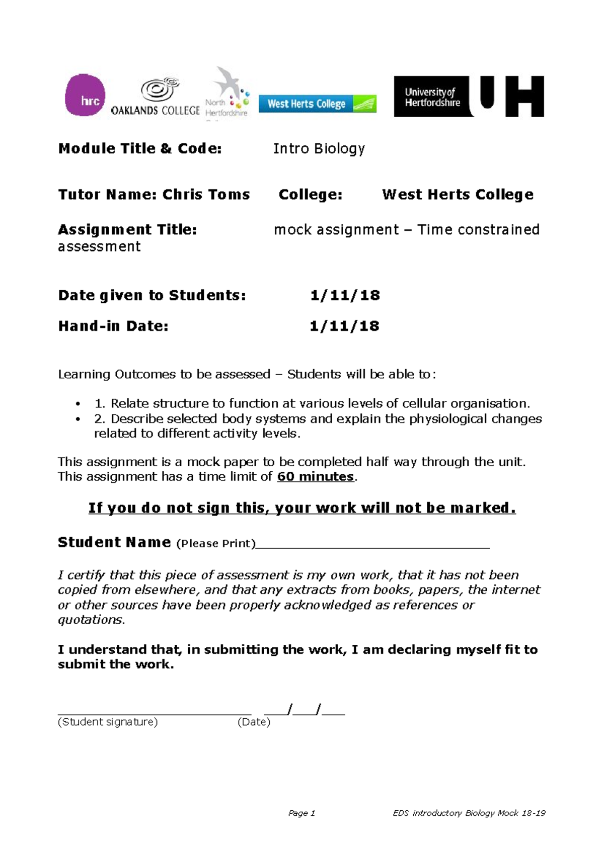 Intro biology assignment mock paper 18 19 - Module Title & Code: Intro ...