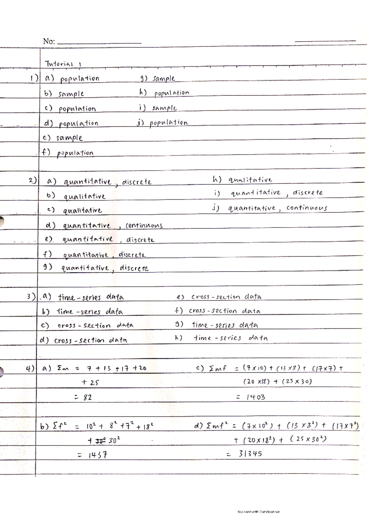 Tutorial 1 STA 1203 - No: Tutorial 1 1) a) population g) sample b) sample h) population c) - Studocu