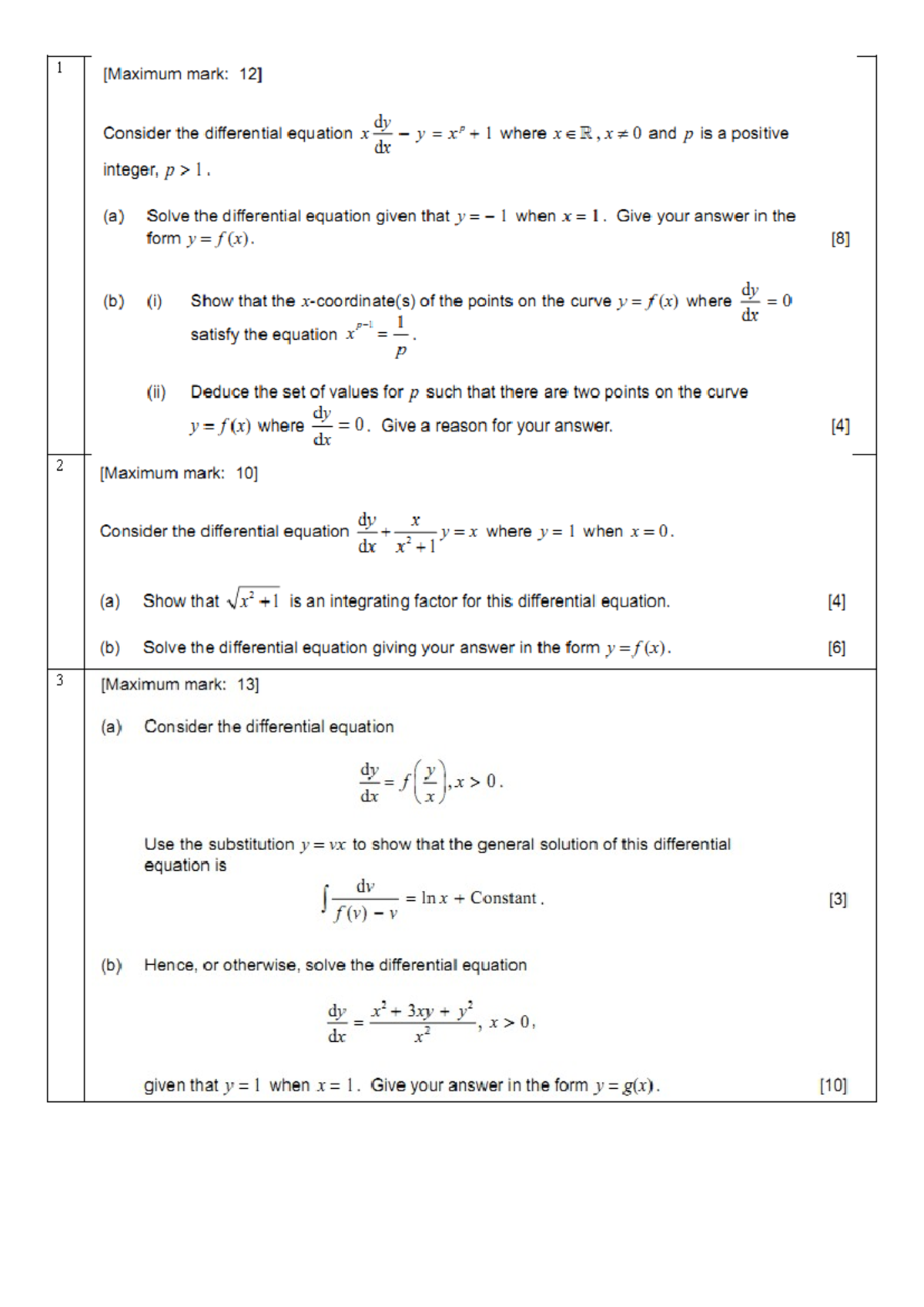 Differential Equation Past Paper - 1 mark: Consider the differential ...