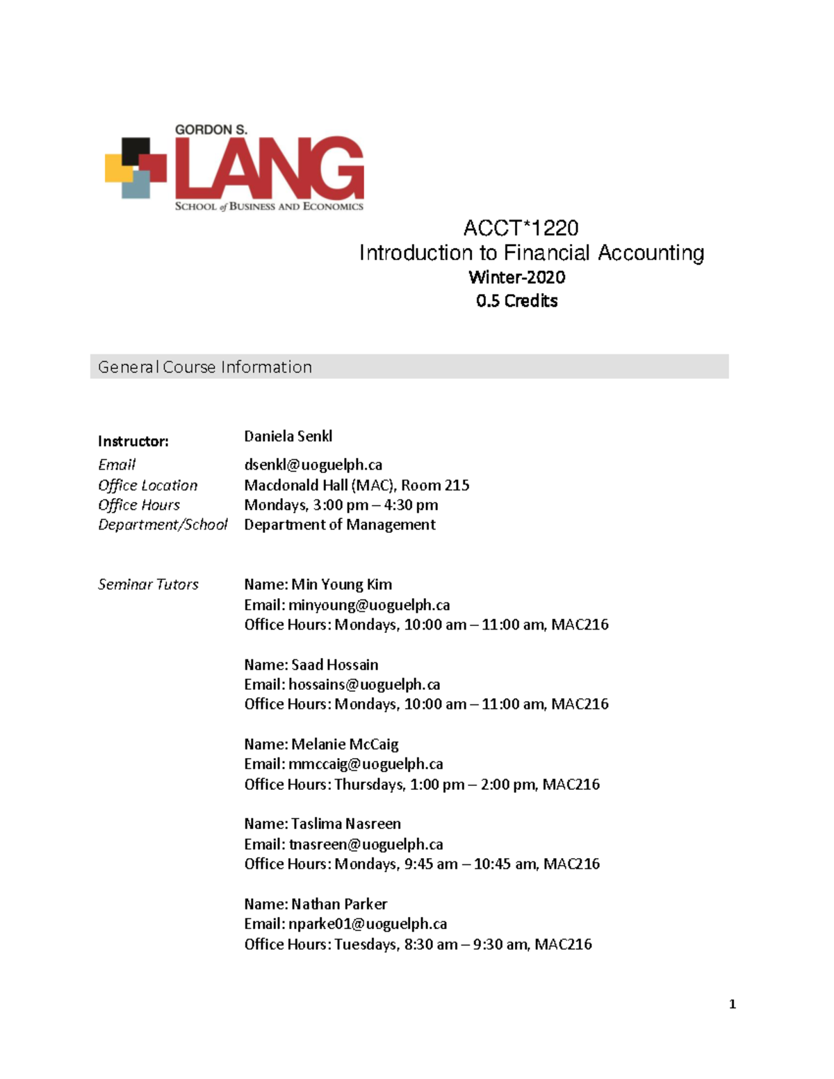 Acct 1220 Course Outline Acct Introduction To Financial Accounting