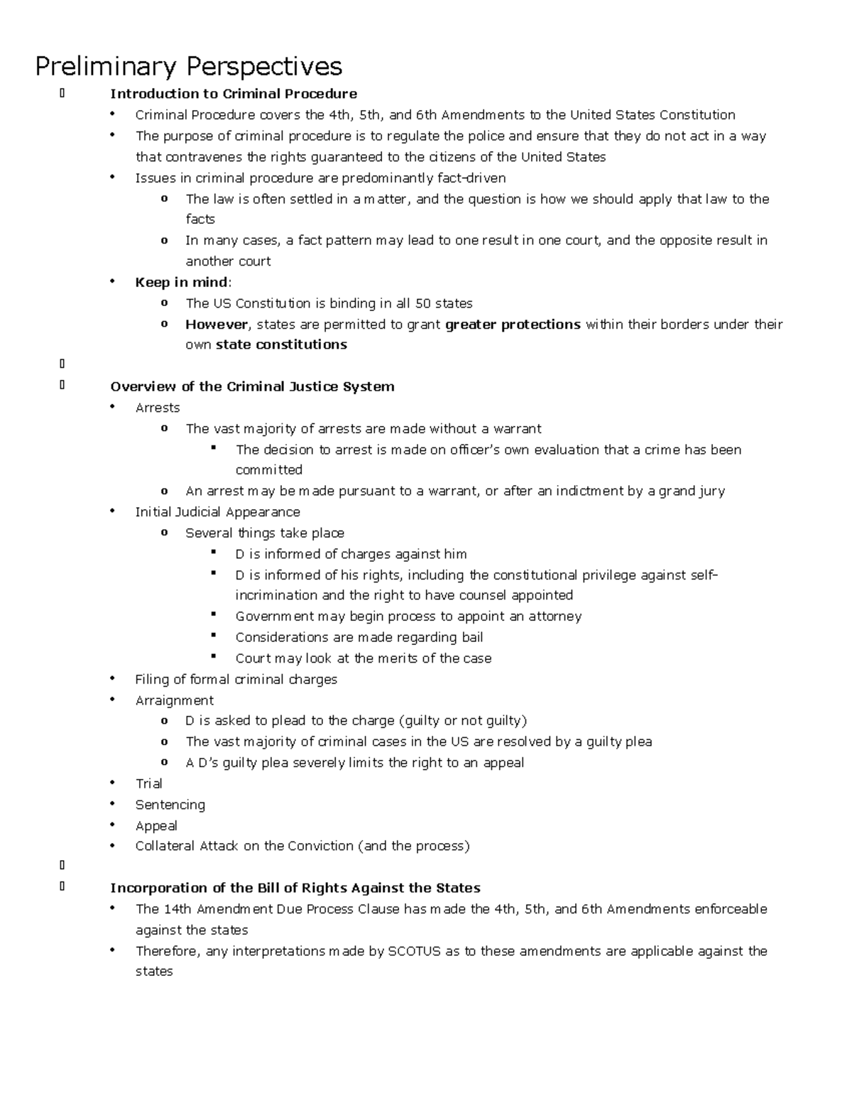 Crim Pro Outline - Preliminary Perspectives Introduction to Criminal ...