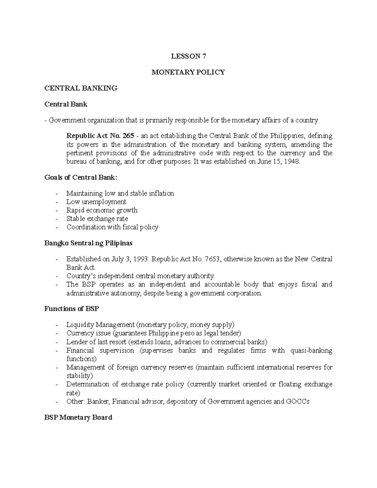 Lesson 7 Monetary Policy - LESSON 7 MONETARY POLICY CENTRAL BANKING ...