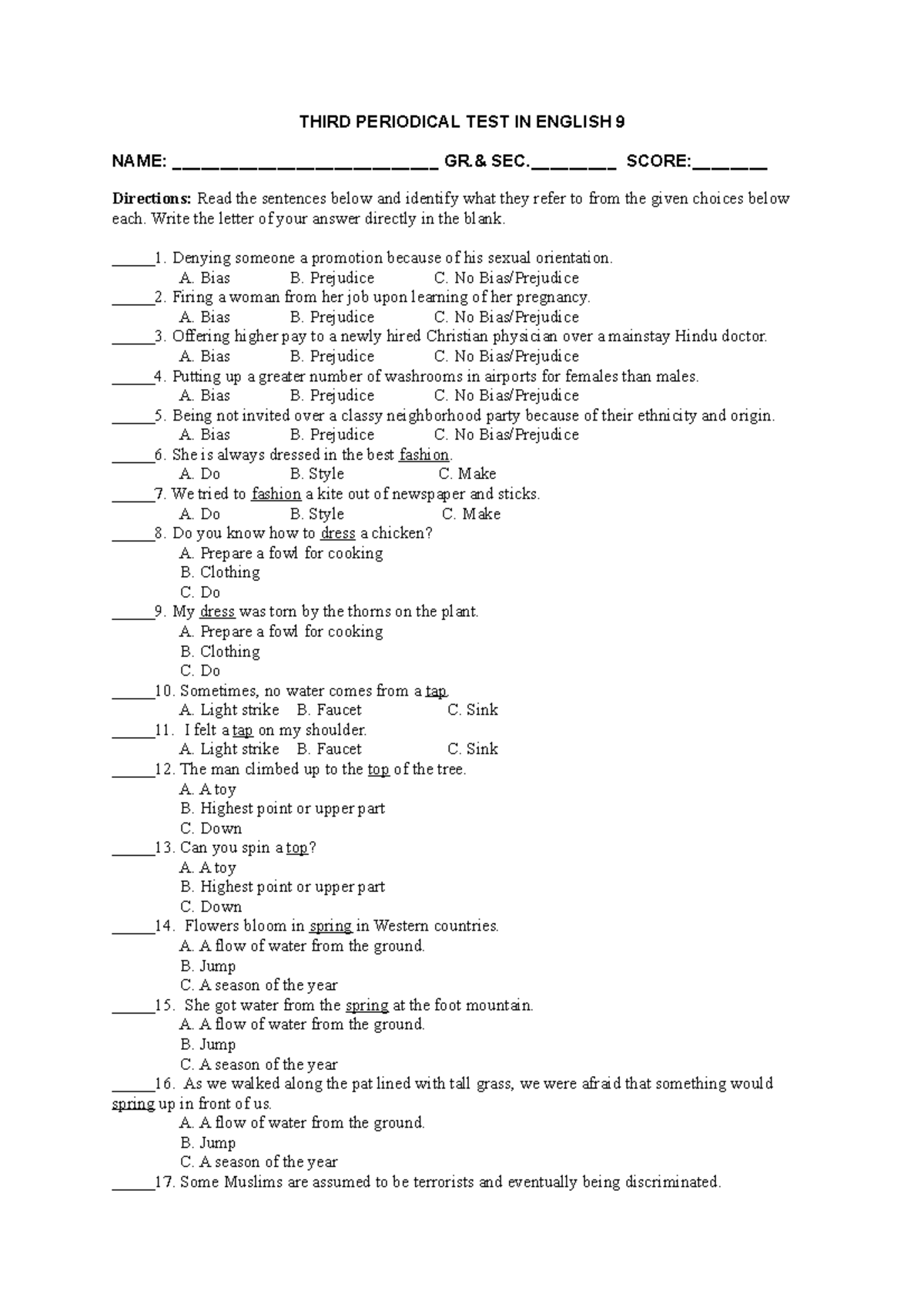 PT G9 English - TOS - THIRD PERIODICAL TEST IN ENGLISH 9 NAME
