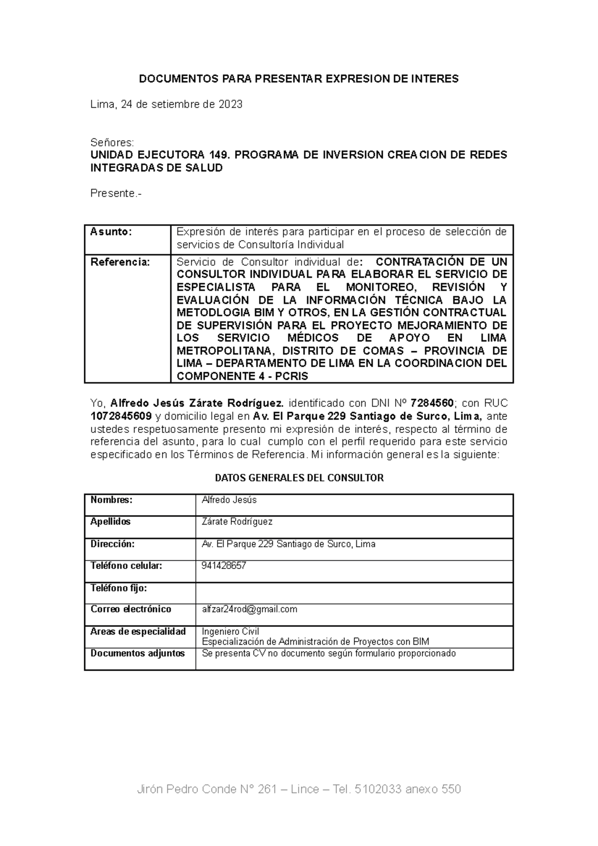 2. AZ Formato de Expresion de Interes - DOCUMENTOS PARA PRESENTAR EXPRESION DE INTERES Lima, 24 ...