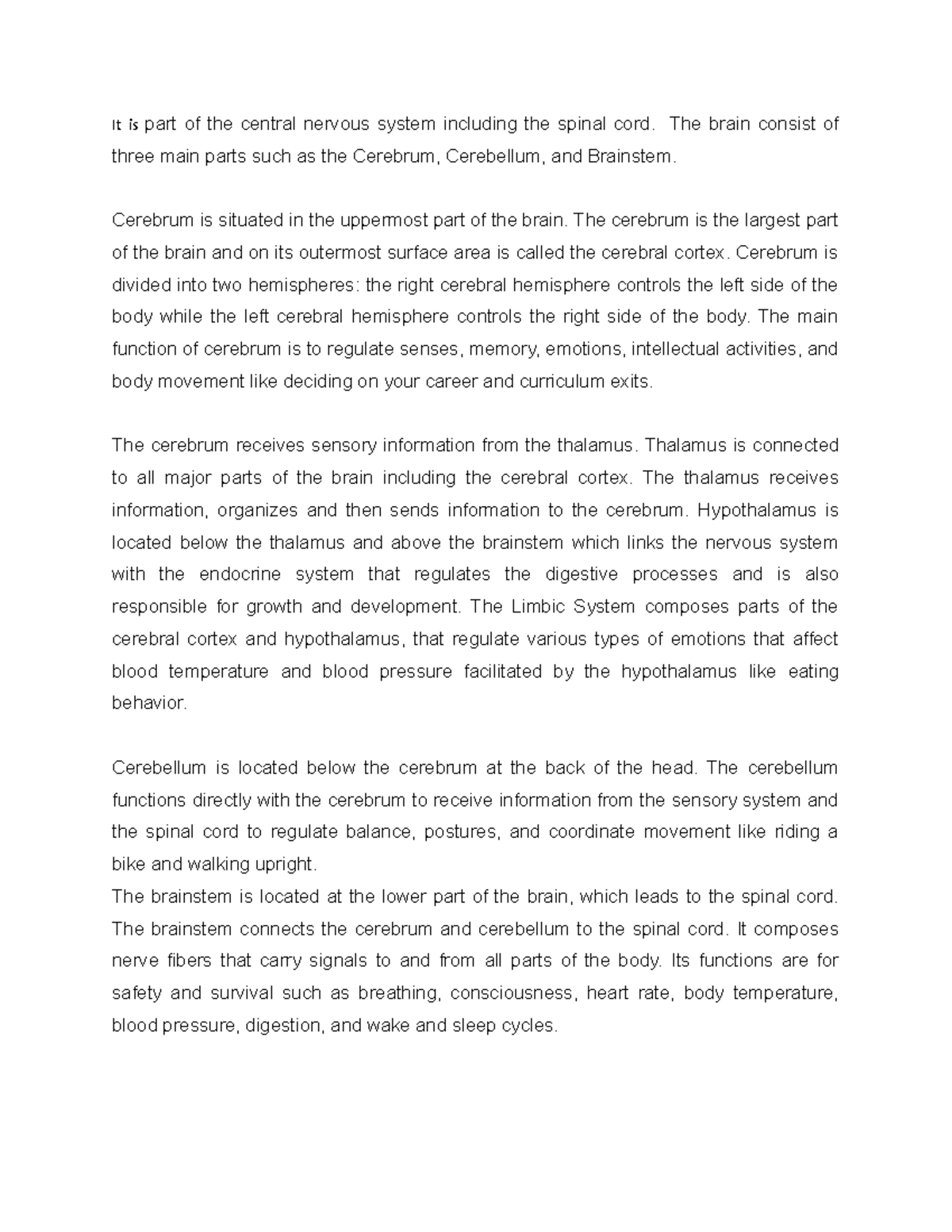 Brain - Lecture Note - It is part of the central nervous system ...