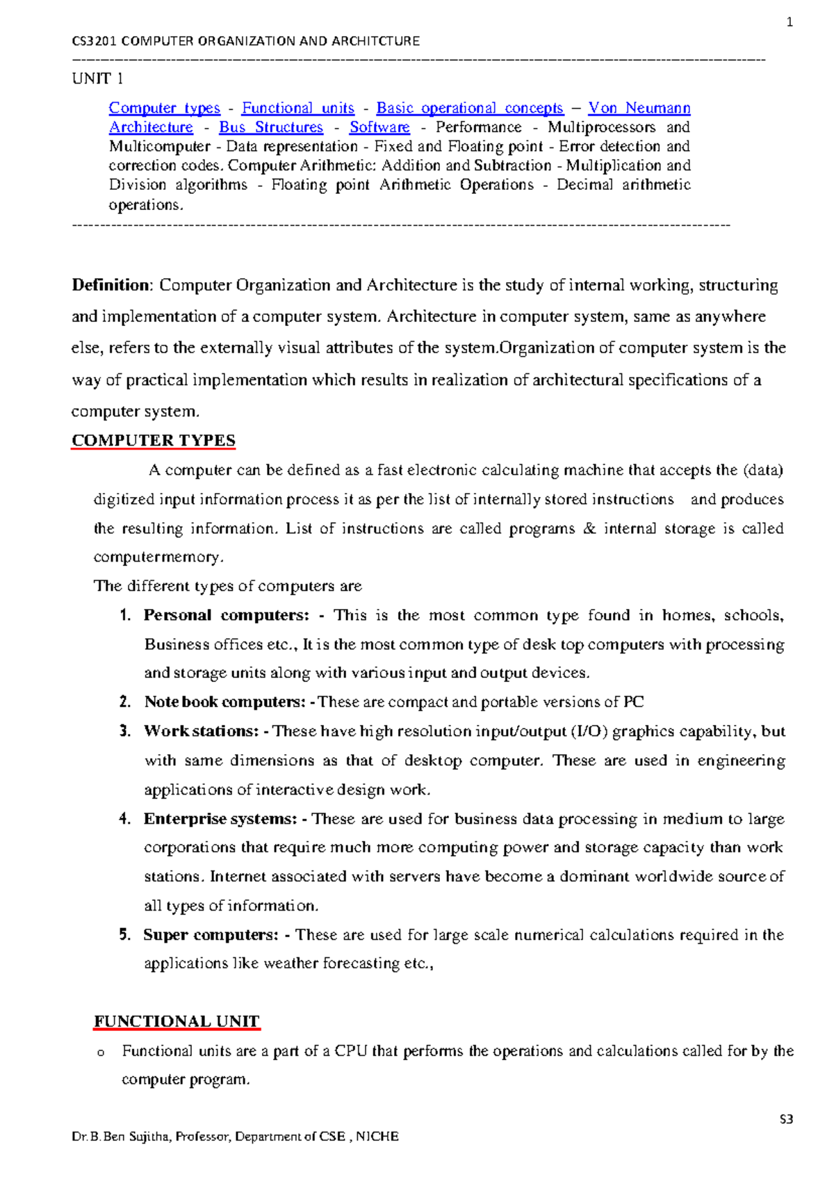 Unit1 - Second year notes - ####### CS3201 COMPUTER ORGANIZATION AND ...