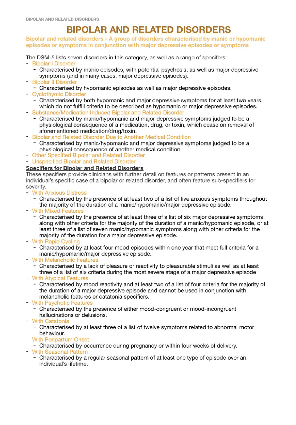 Overview: Bipolar and Related Disorders - PSY4034 - Studocu