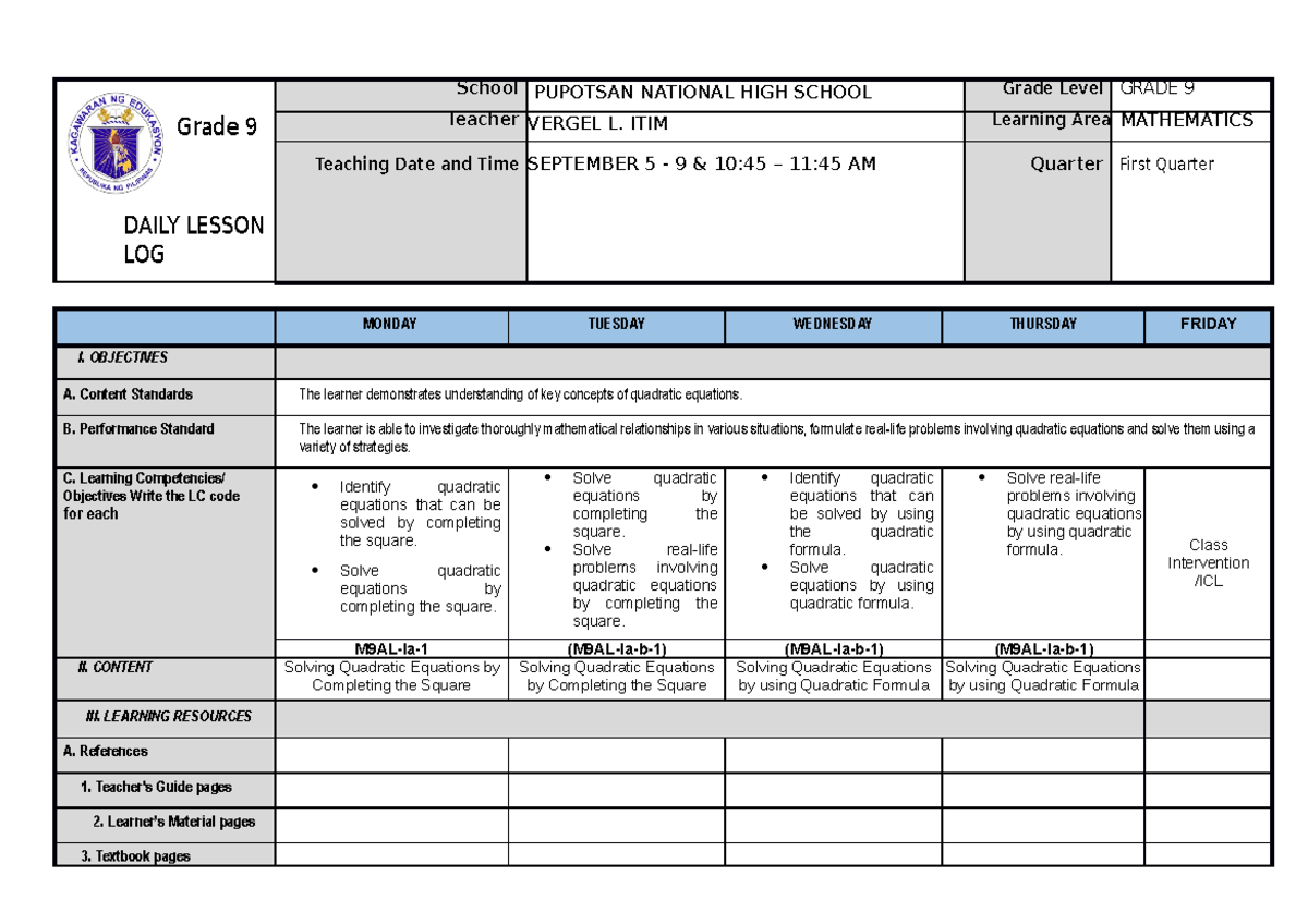 MATH 9 lesson plan week 4 - Grade 9 DAILY LESSON LOG School PUPOTSAN ...