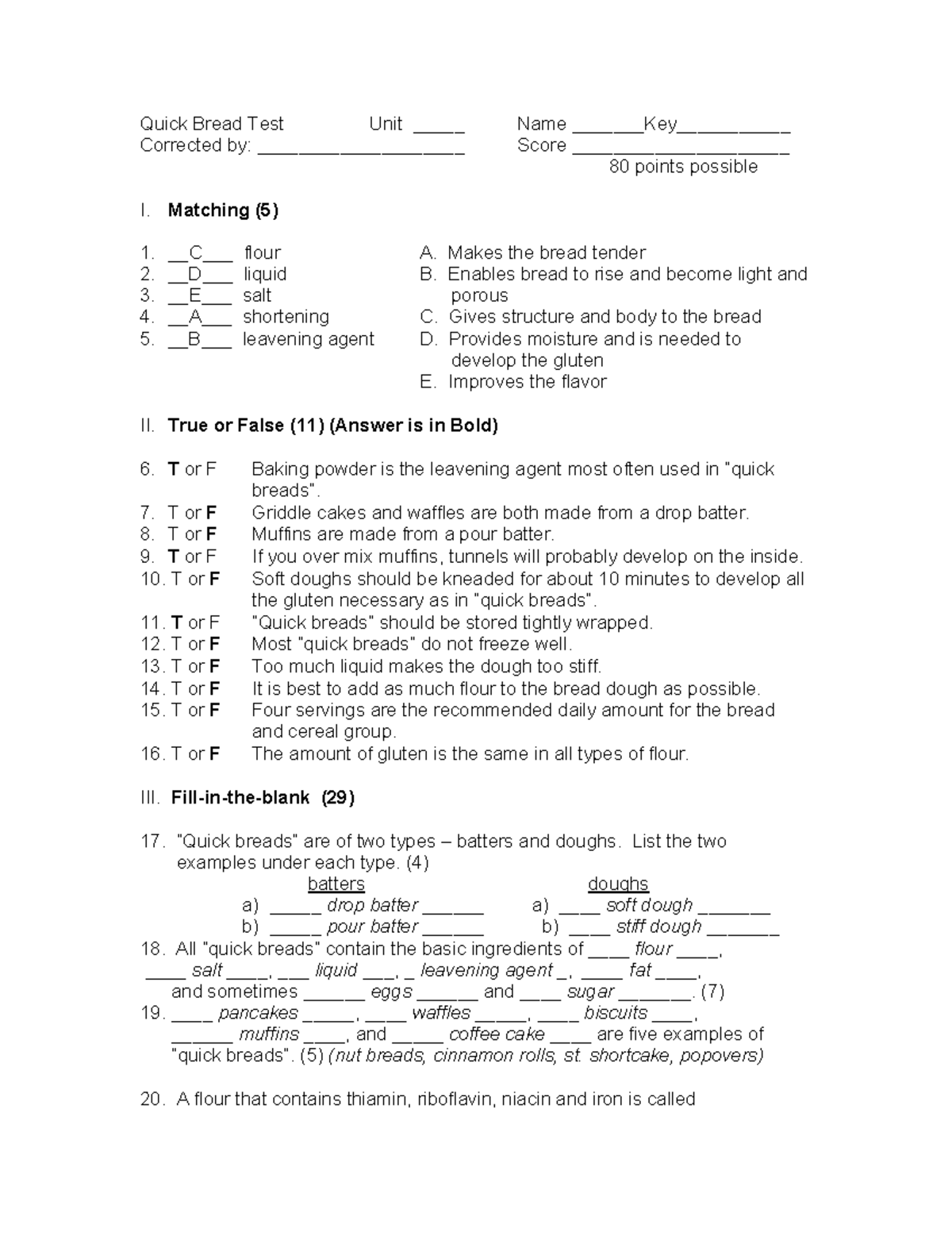 Quick Bread Test KEY - Quick Bread Test Unit _____ Name Key ...