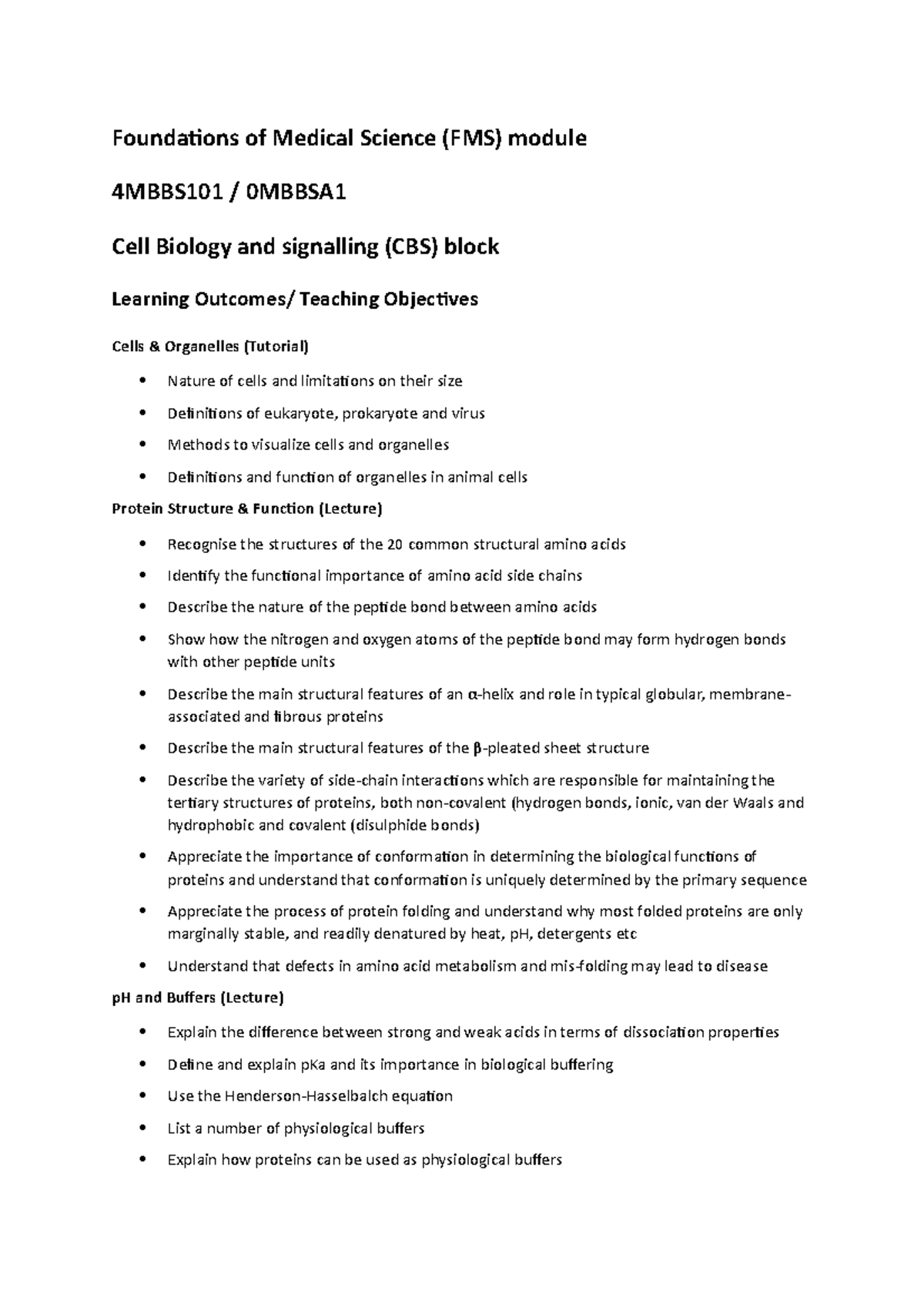 FMS LO 2022 - Learning outcomes - Foundations of Medical Science (FMS ...