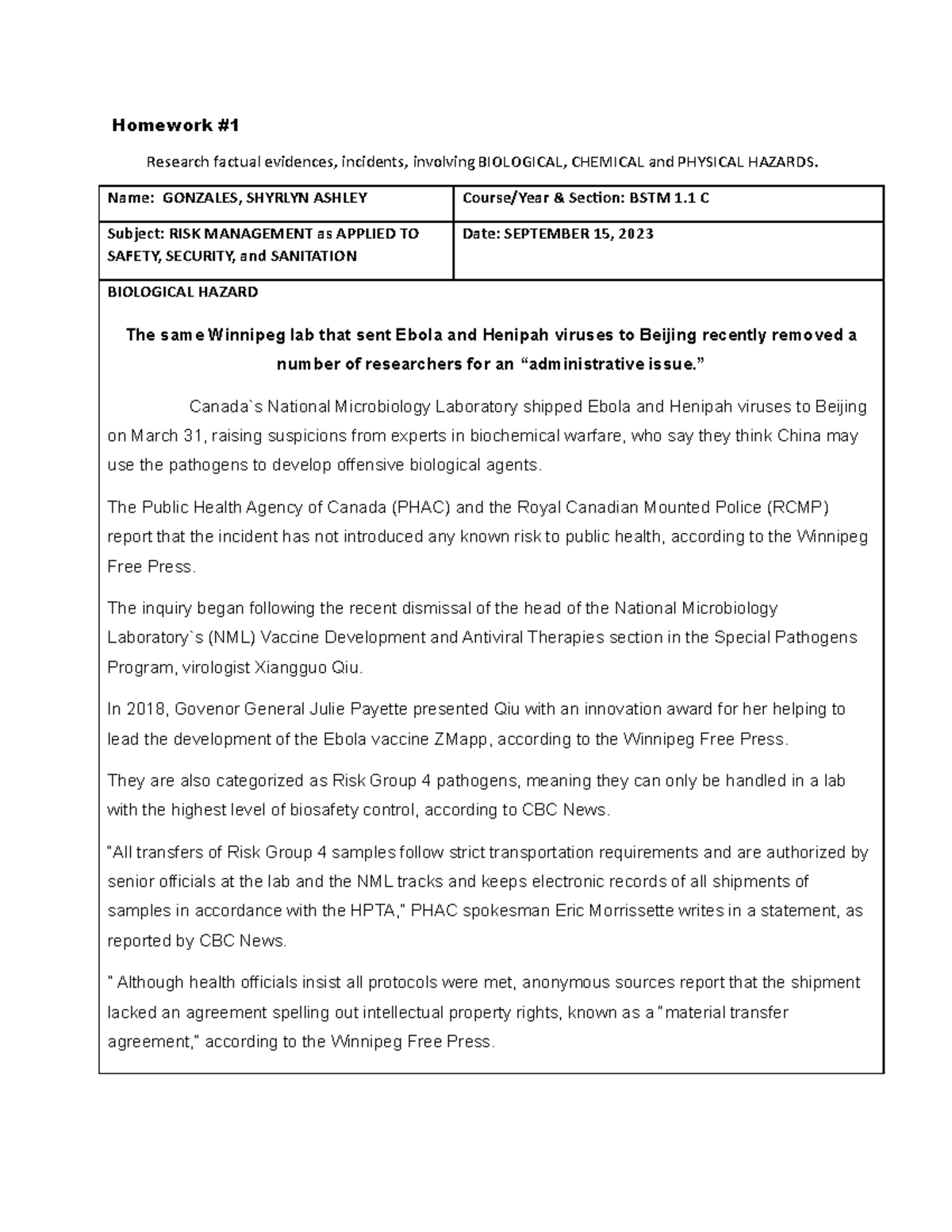 Risk Management as Applied to Safety Sanitation and Security Homework 1 ...