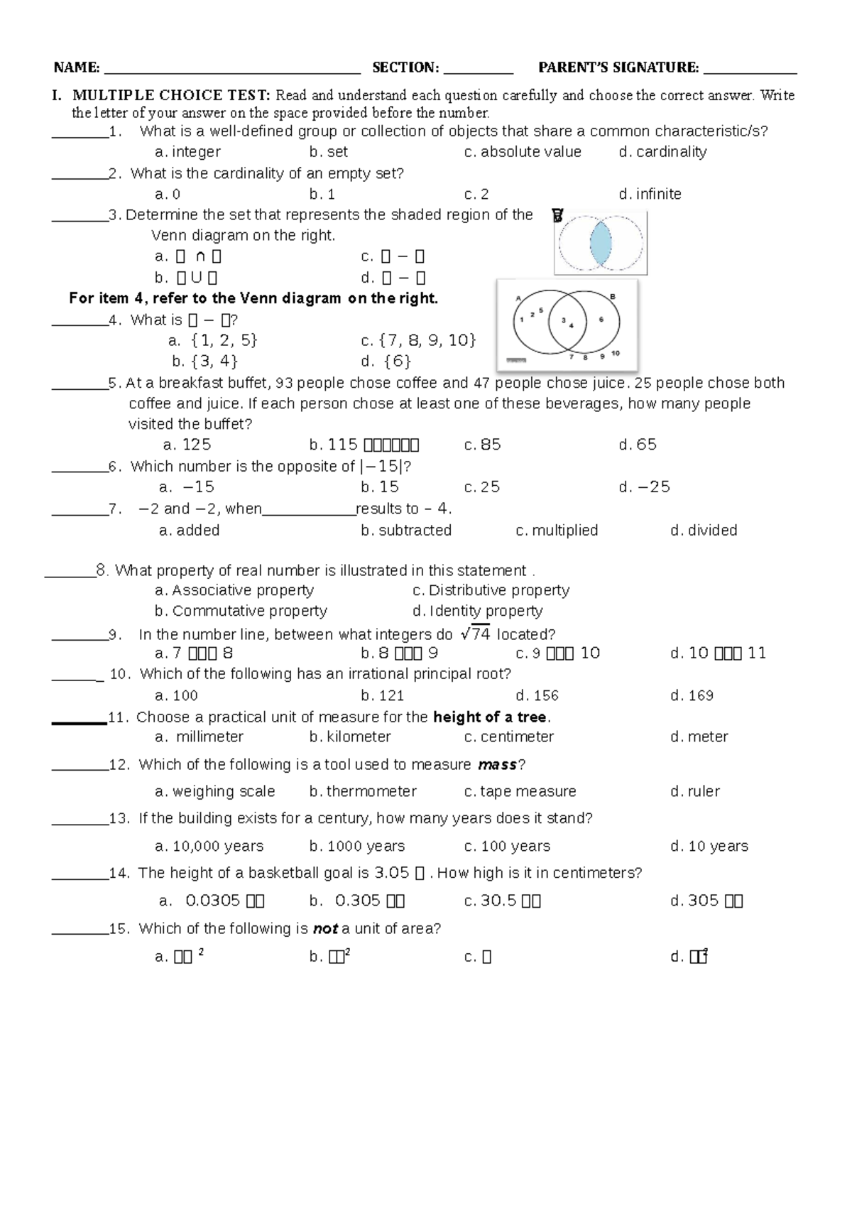 Math 7 Pre Test SY 2021 2022 - NAME ...