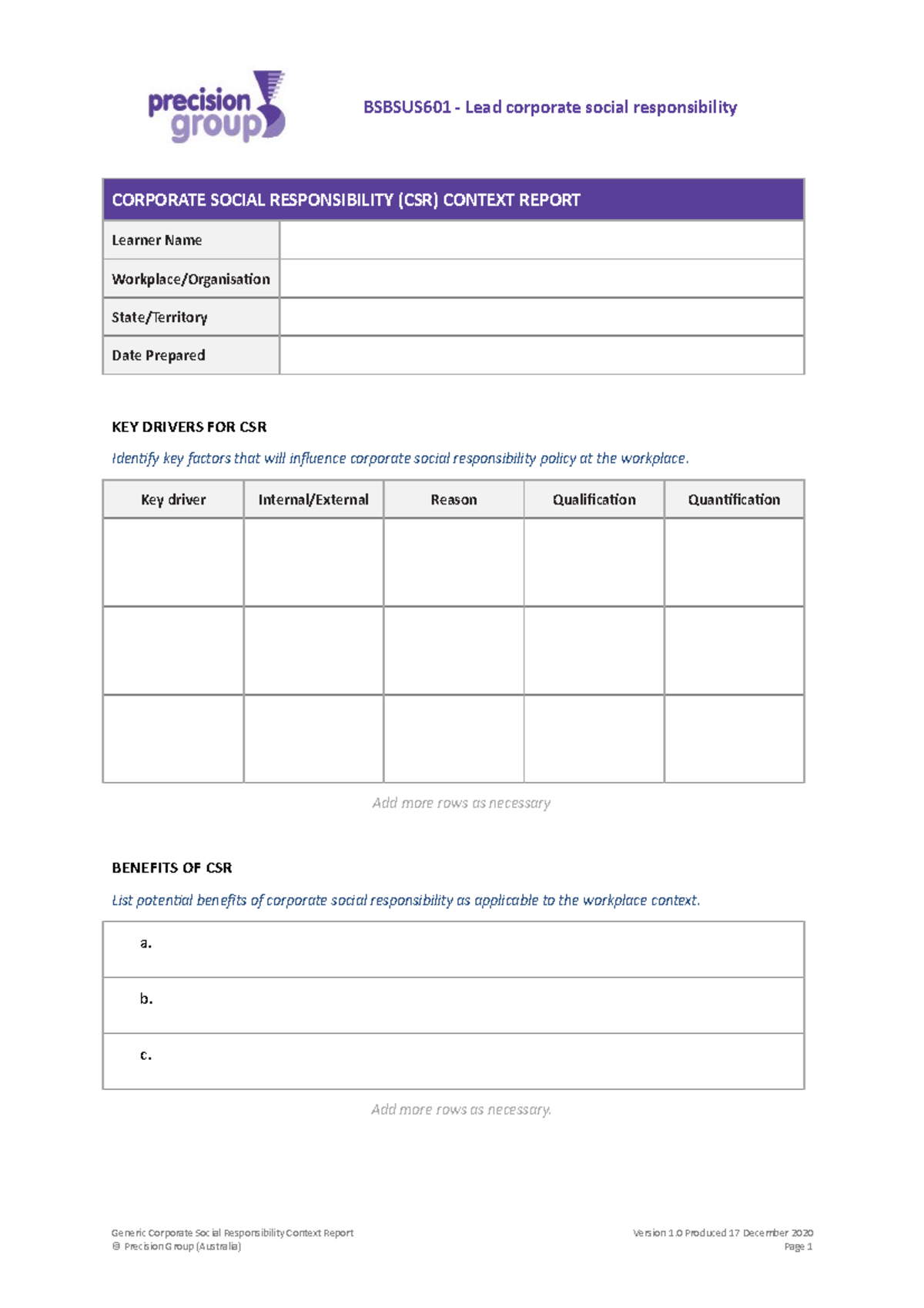 SUS601 Generic Corporate Social Responsibility Context Report Template ...