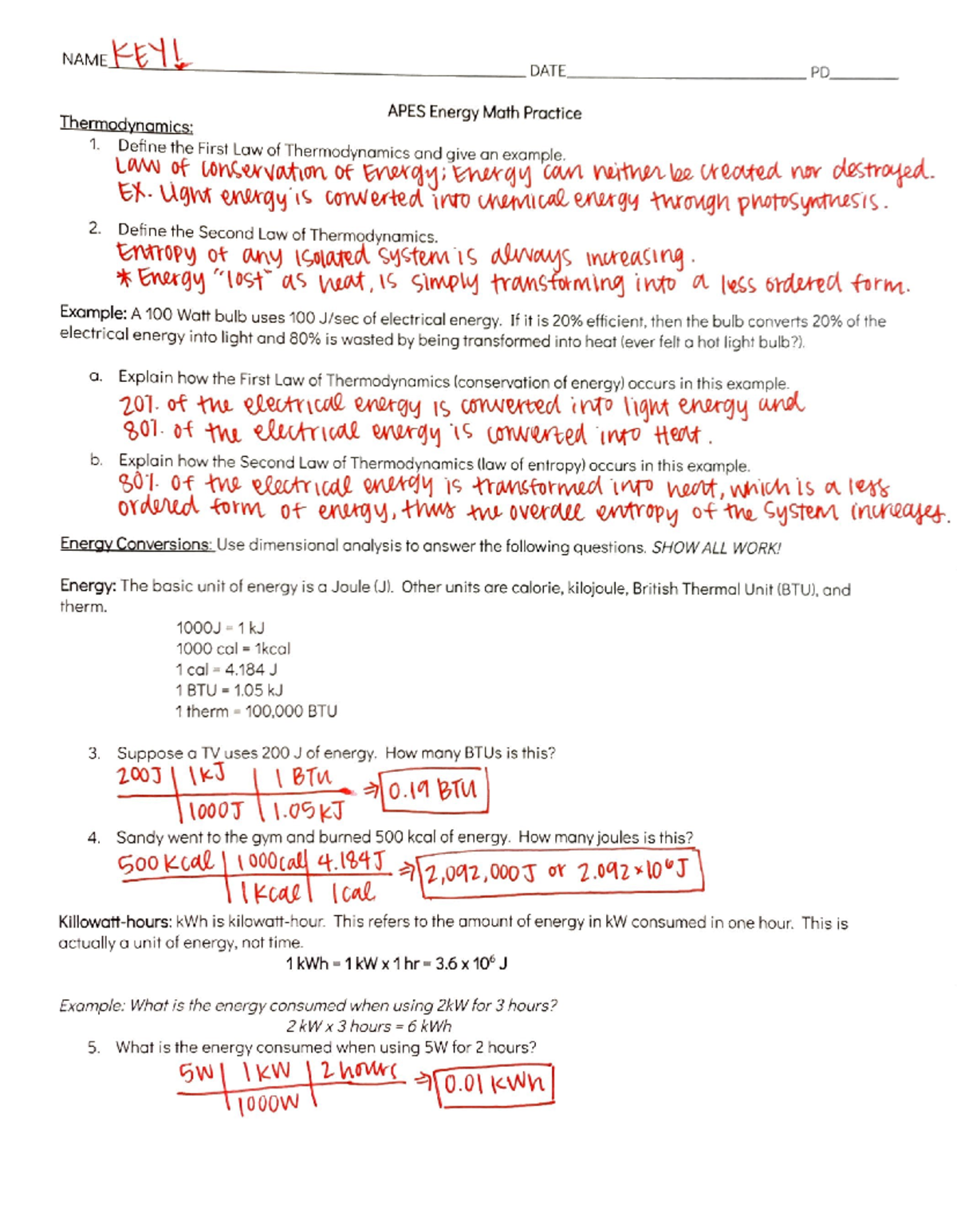 APES Energy Math KEY - thermodynamics key - NAME KEY! DATE PD APES ...