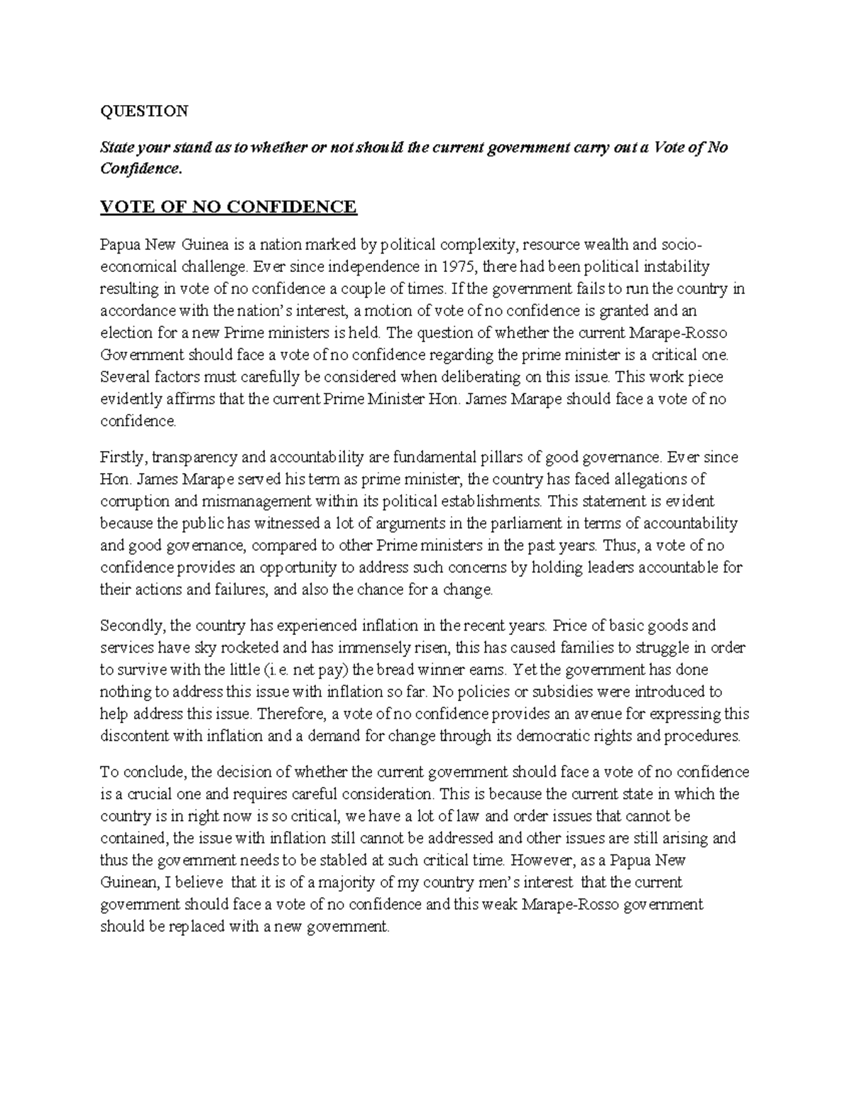 VOTE OF NO Confidence - QUESTION State your stand as to whether or not ...