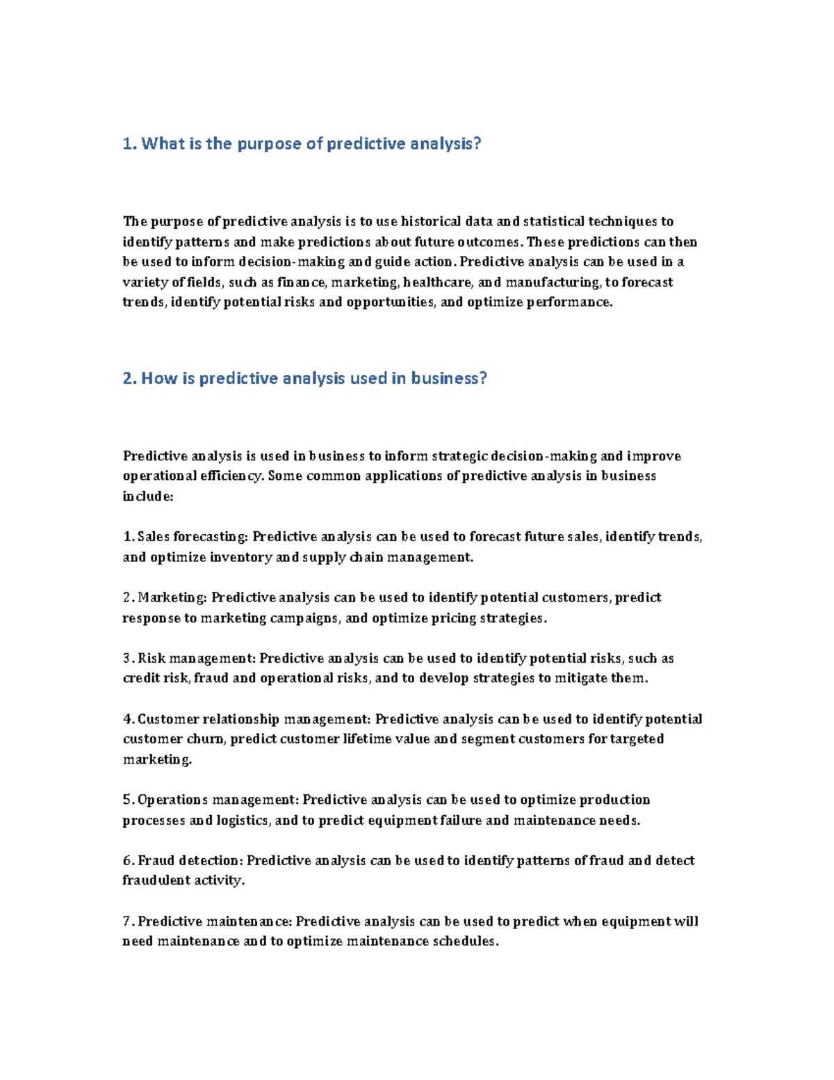 Predictive analysis 1 - 1. What is the purpose of predictive analysis ...