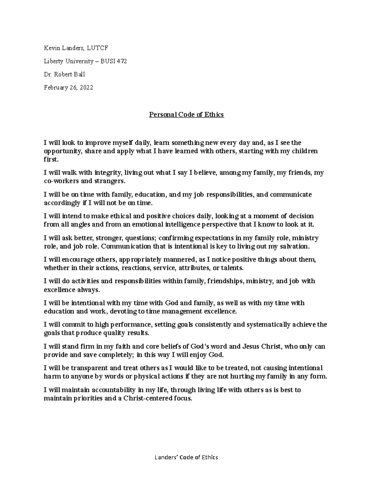 Personal Code of Ethics Spring 2022 - Kevin Landers, LUTCF Liberty ...