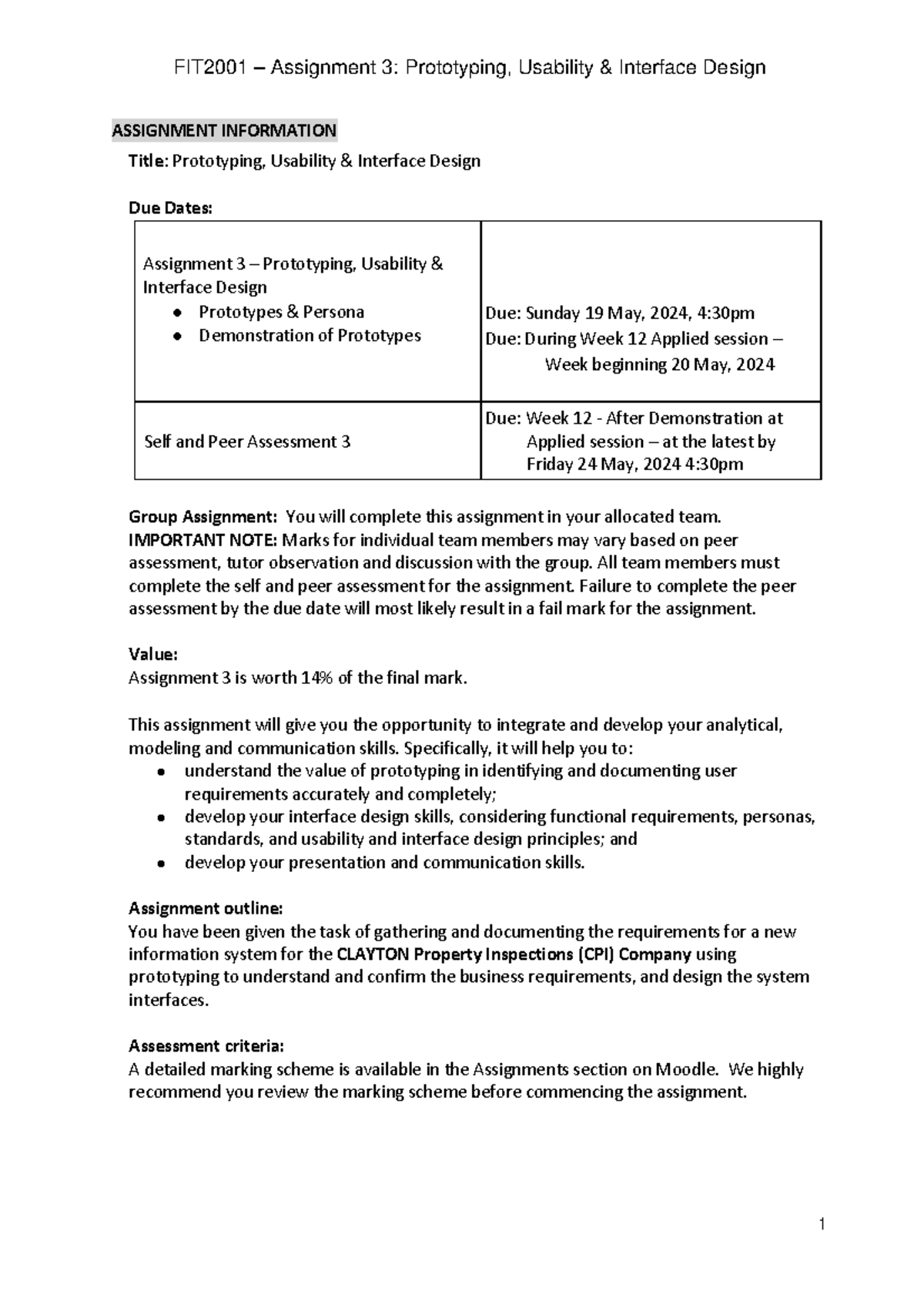 FIT2001 Assignment 3 - ASSIGNMENT INFORMATION Title: Prototyping, Usability & Interface Design ...