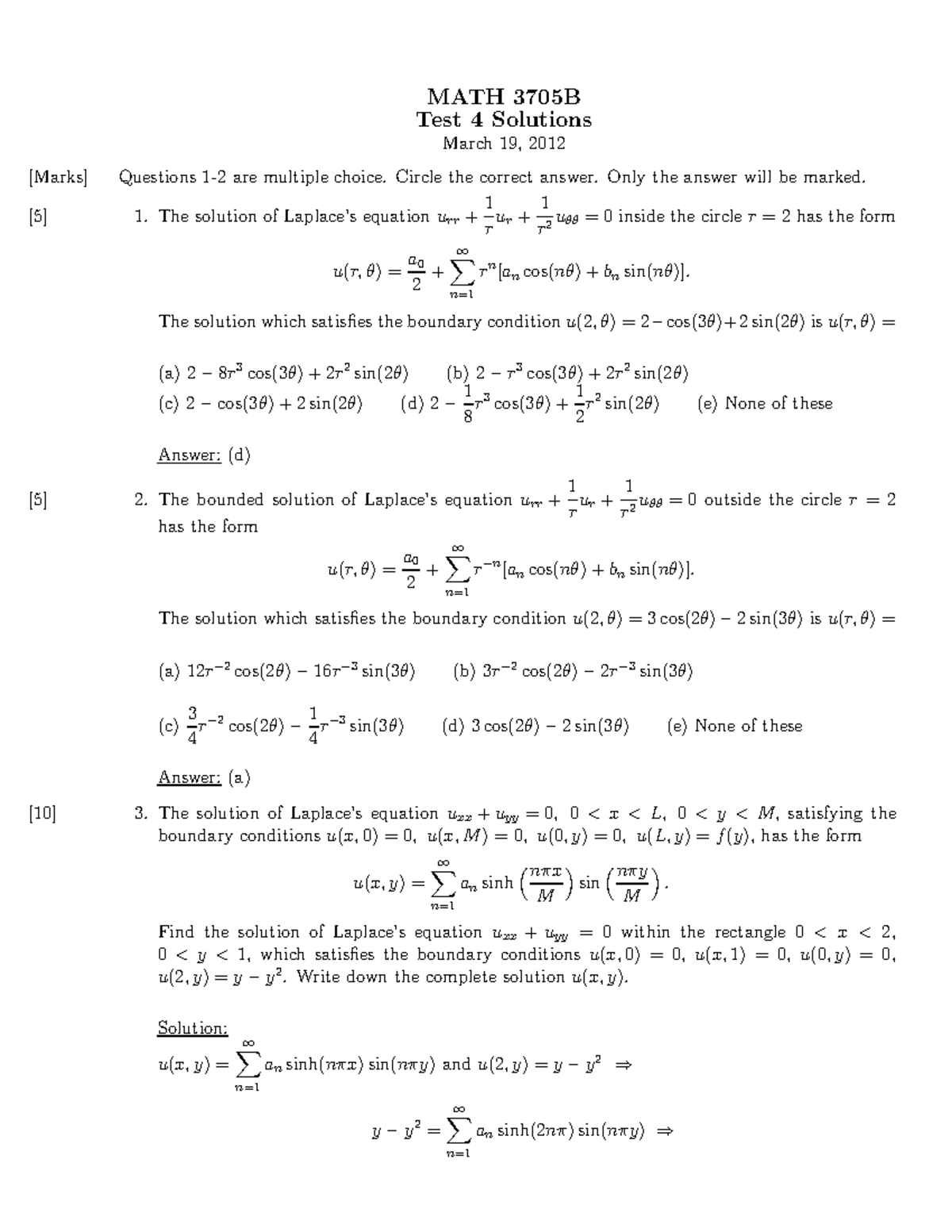 Exam 2012, questions and answers - 4 - MATH 3705B Test 4 Solutions ...
