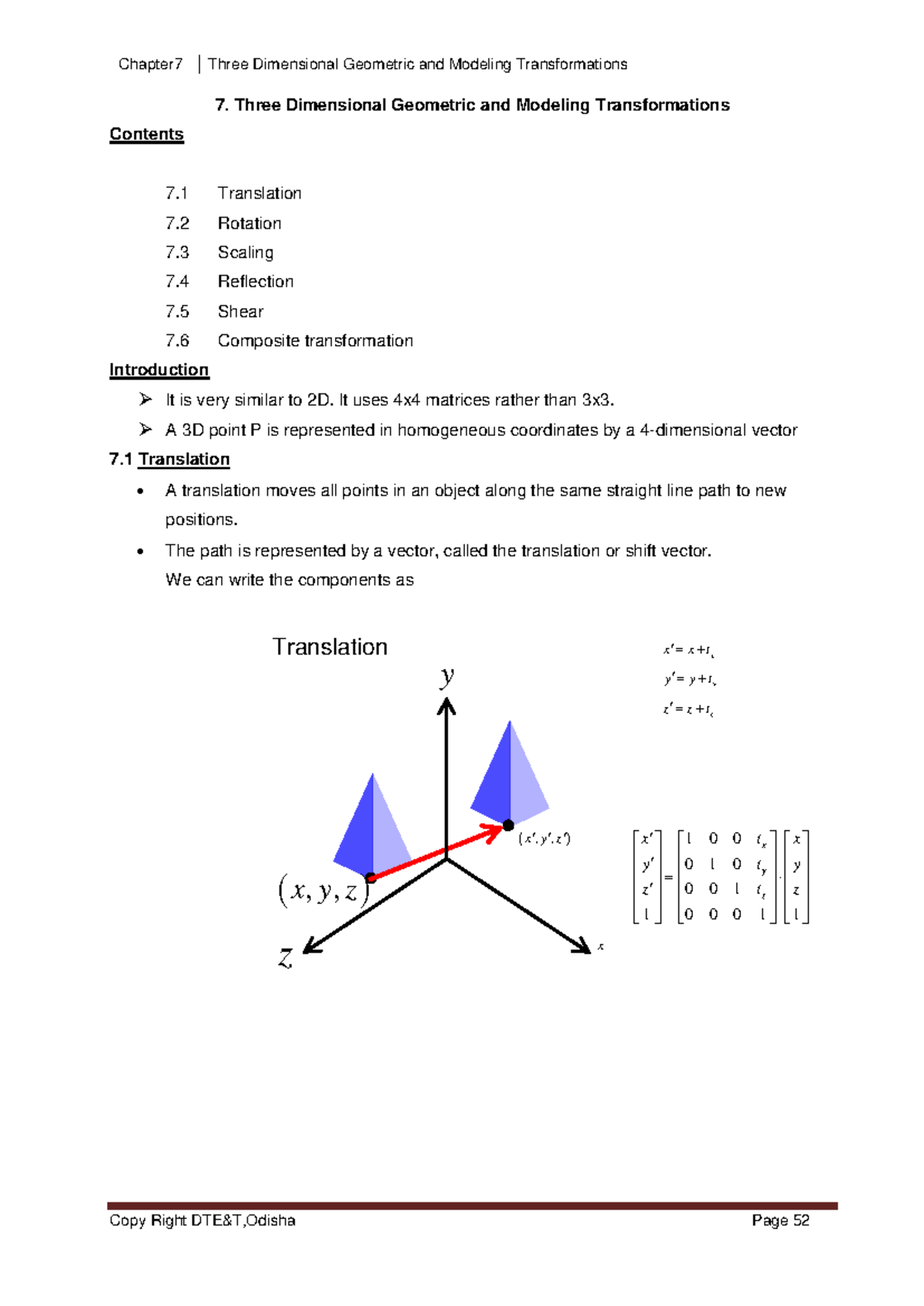 Three Dimensional Transformations - Translation ( x y z, , ) ( x ′, y ′, z′) x y z x y z x x t y ...