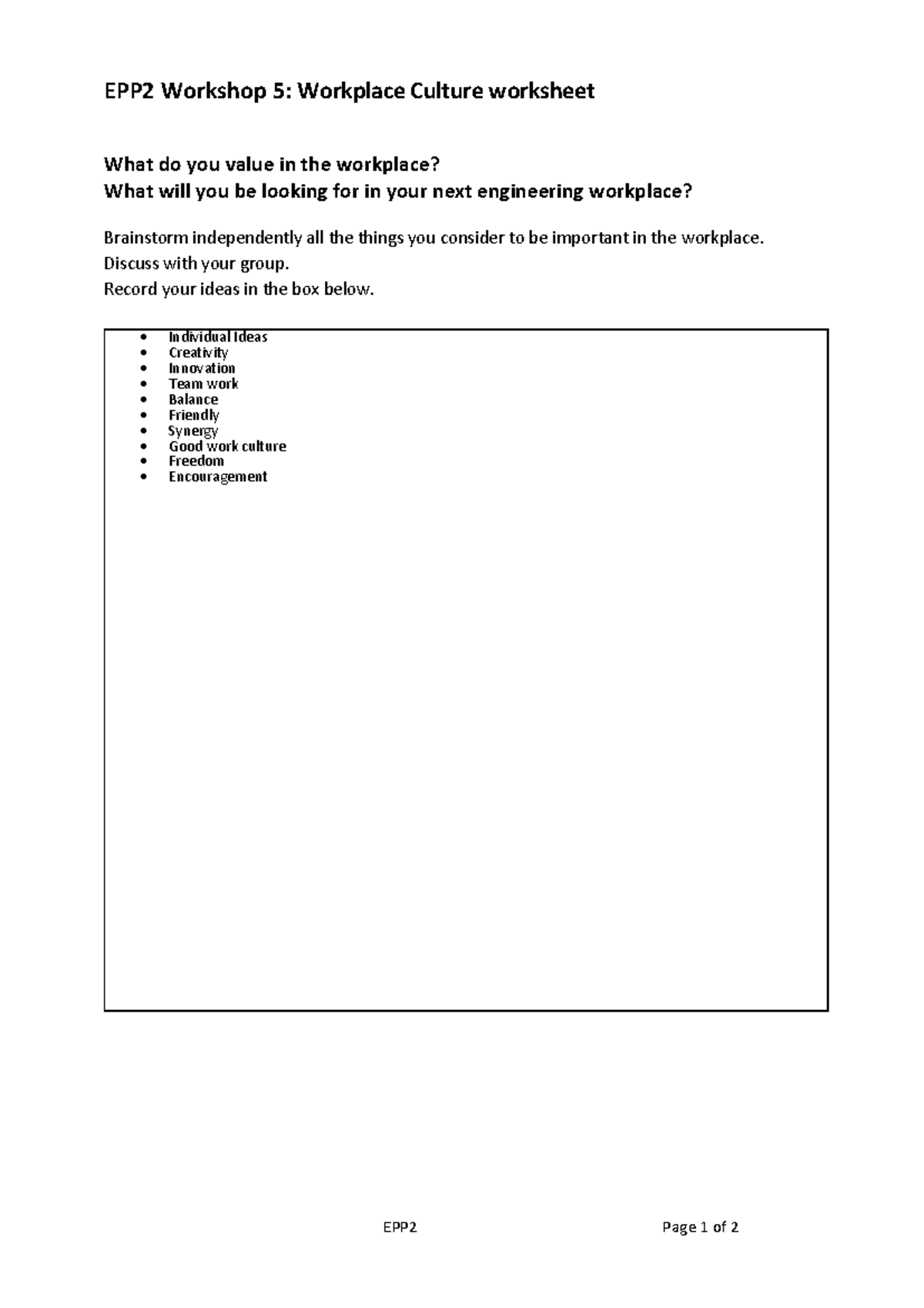 EPP2 Workshop 5 Worksheet - EPP2 Page 1 of 2 EPP2 Workshop 5: Workplace ...