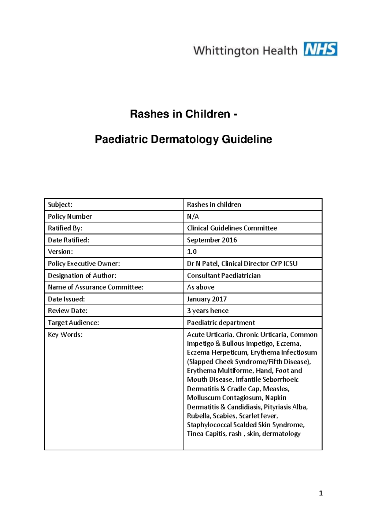 Rashes in Children - Paediatric Dermatology Guideline Jan17 - Rashes in ...