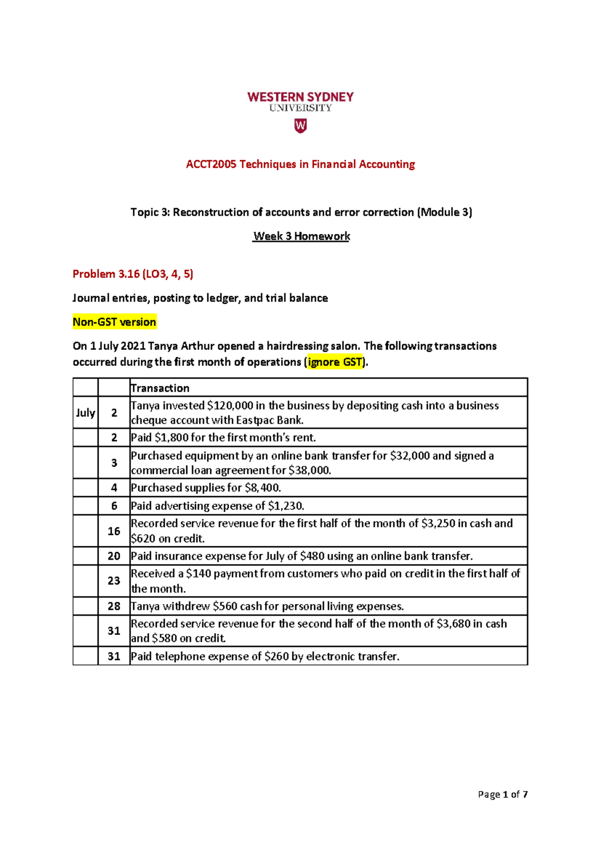Week 3 Topic 3 Homework - Solution - ACCT2005 Techniques in Financial ...