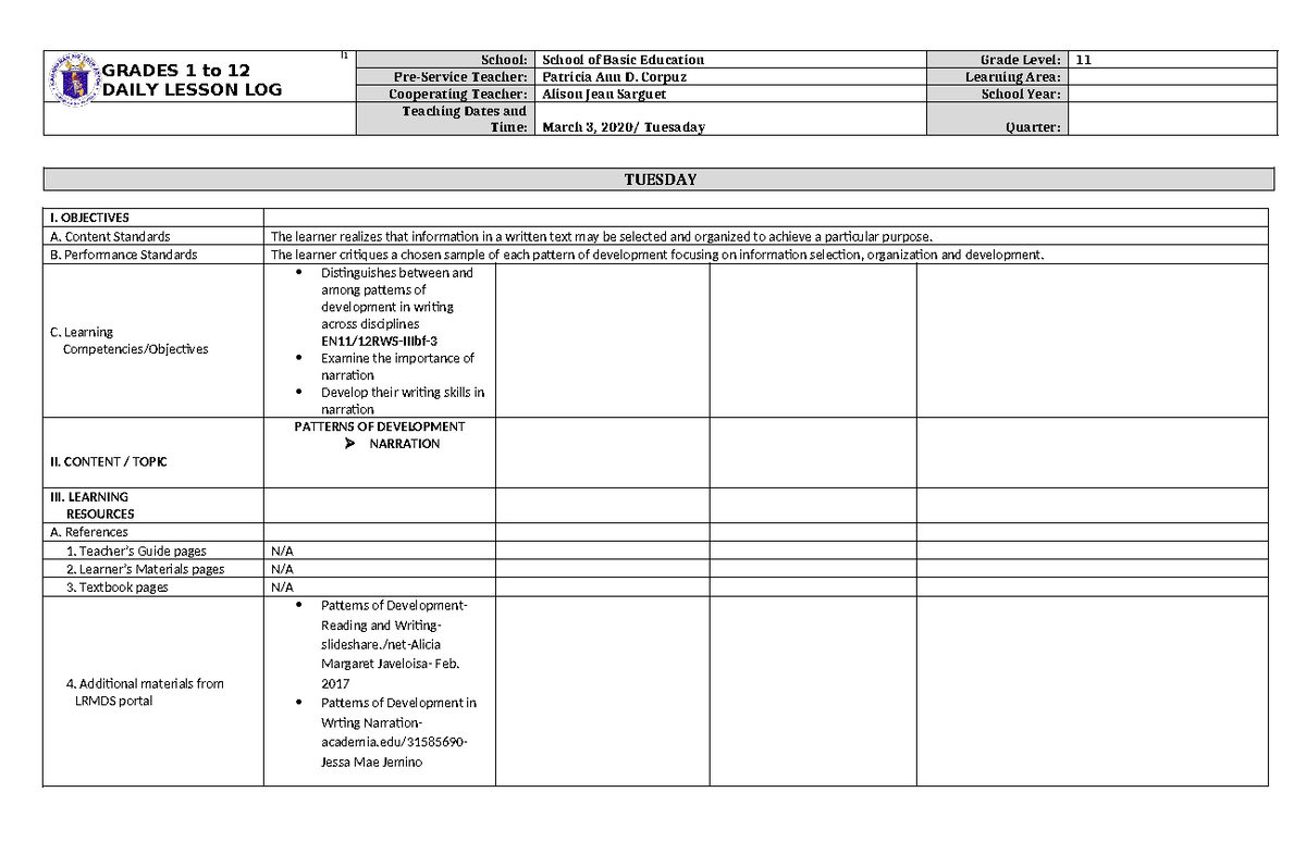 DLL grade 11 pattern of development - l GRADES 1 to 12 DAILY LESSON LOG ...