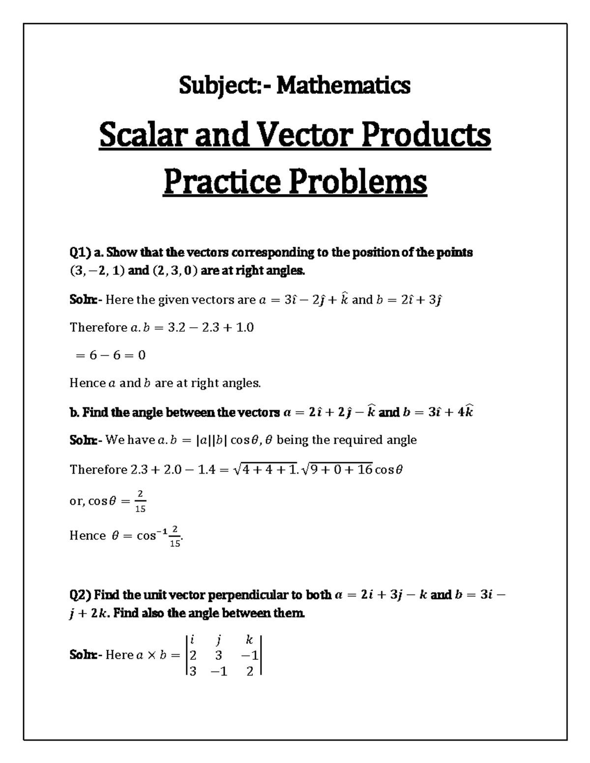 Scalar And Vector Products Practice Problems Subject Mathematics