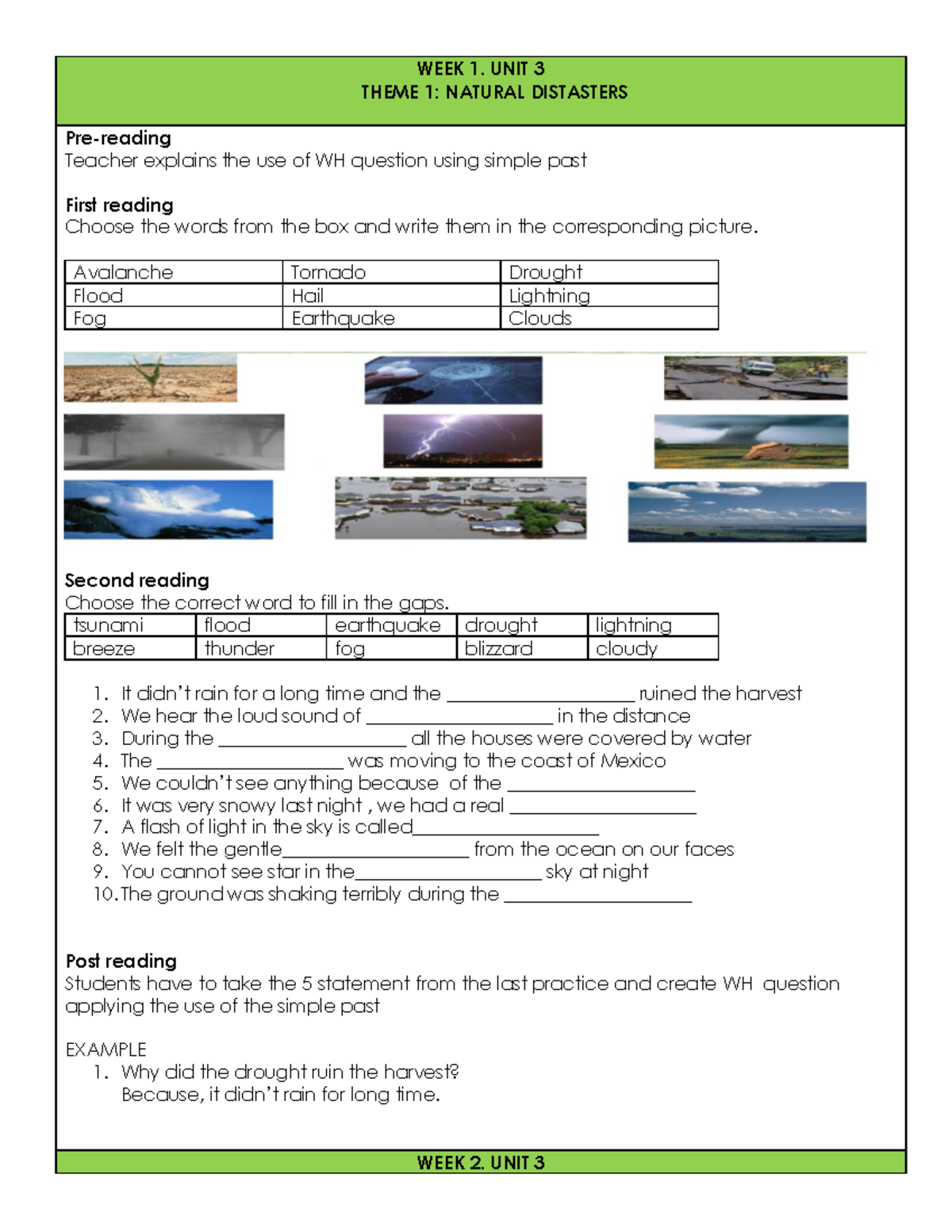 Material UNIT 3 Natural Disasters - WEEK 1. UNIT 3 THEME 1: NATURAL ...