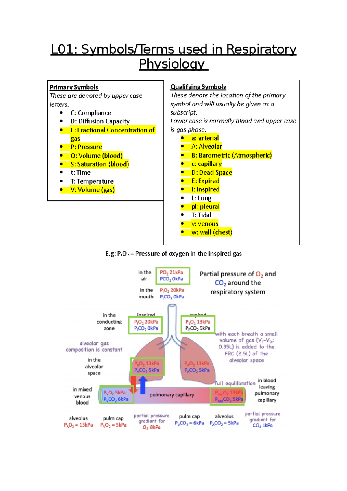 L01 Symbols Terms used in Respiratory Physiology - L01: Symbols/Terms ...